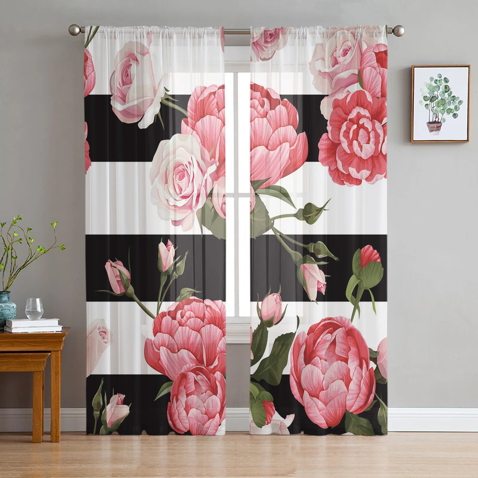 Black And White Flower Pattern Tulle Window Curtains Living Room ...