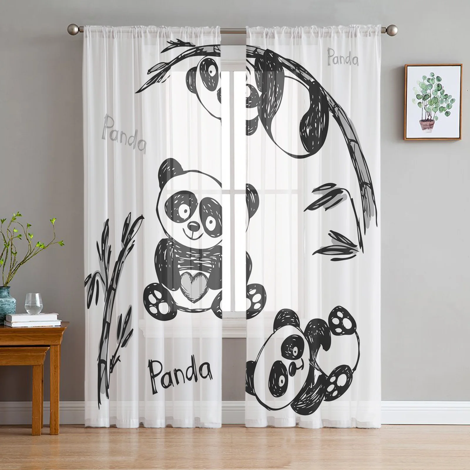 Black And White Flower Pattern Tulle Window Curtains Living Room ...
