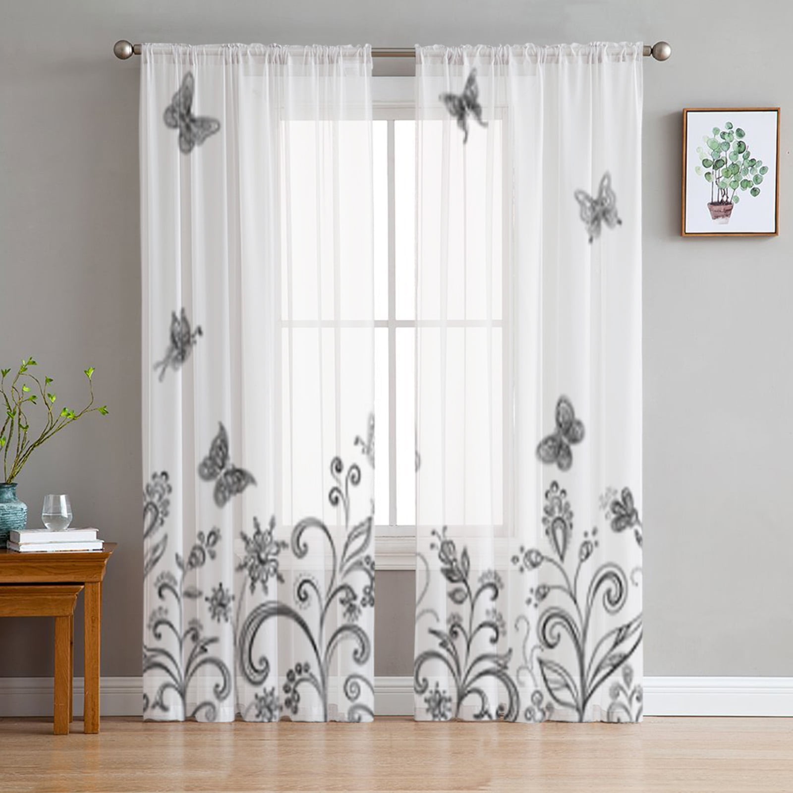 Black And White Flowers Tulle Curtains for Living Room Bedroom Modern ...