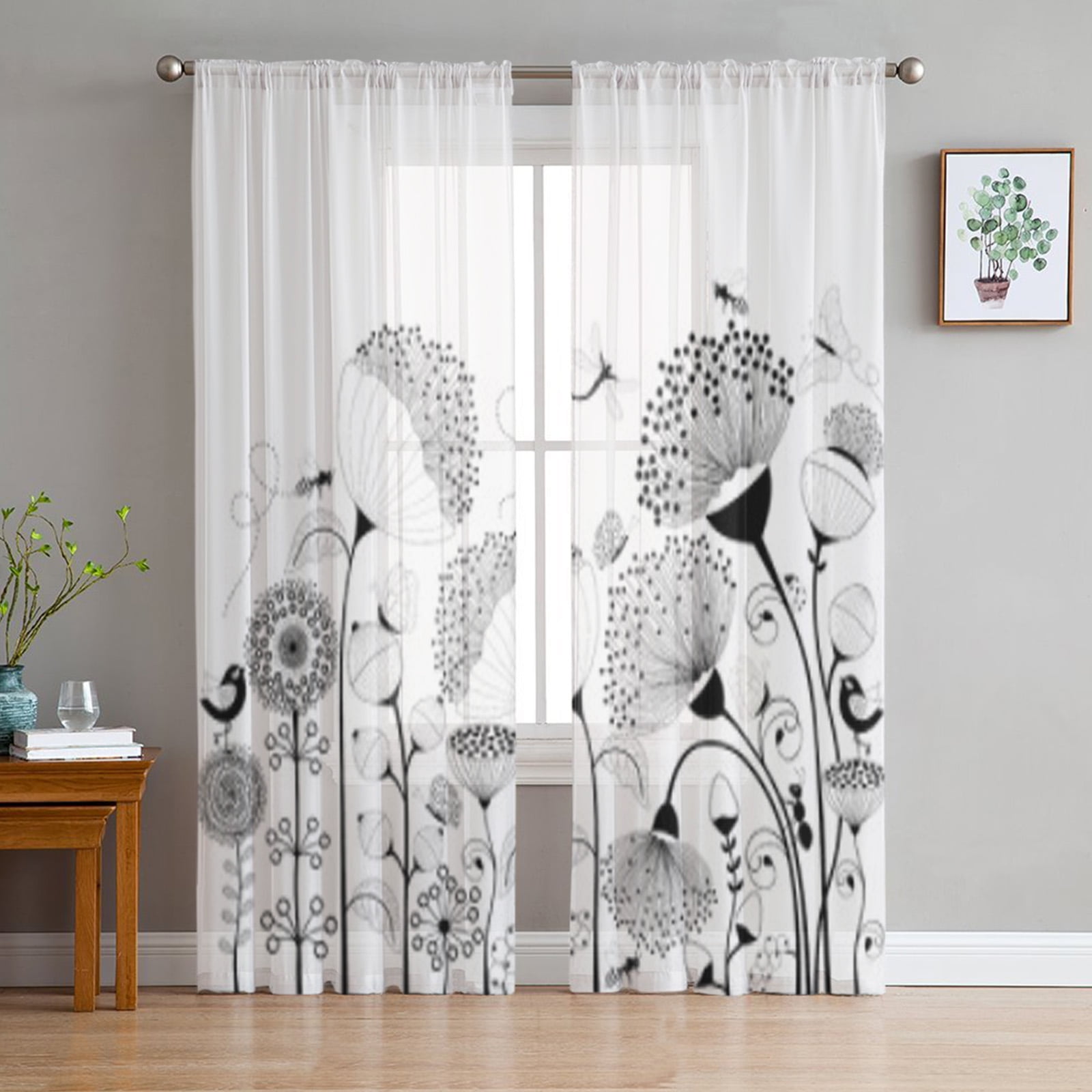 Black And White Flowers Tulle Curtains for Living Room Bedroom Modern ...