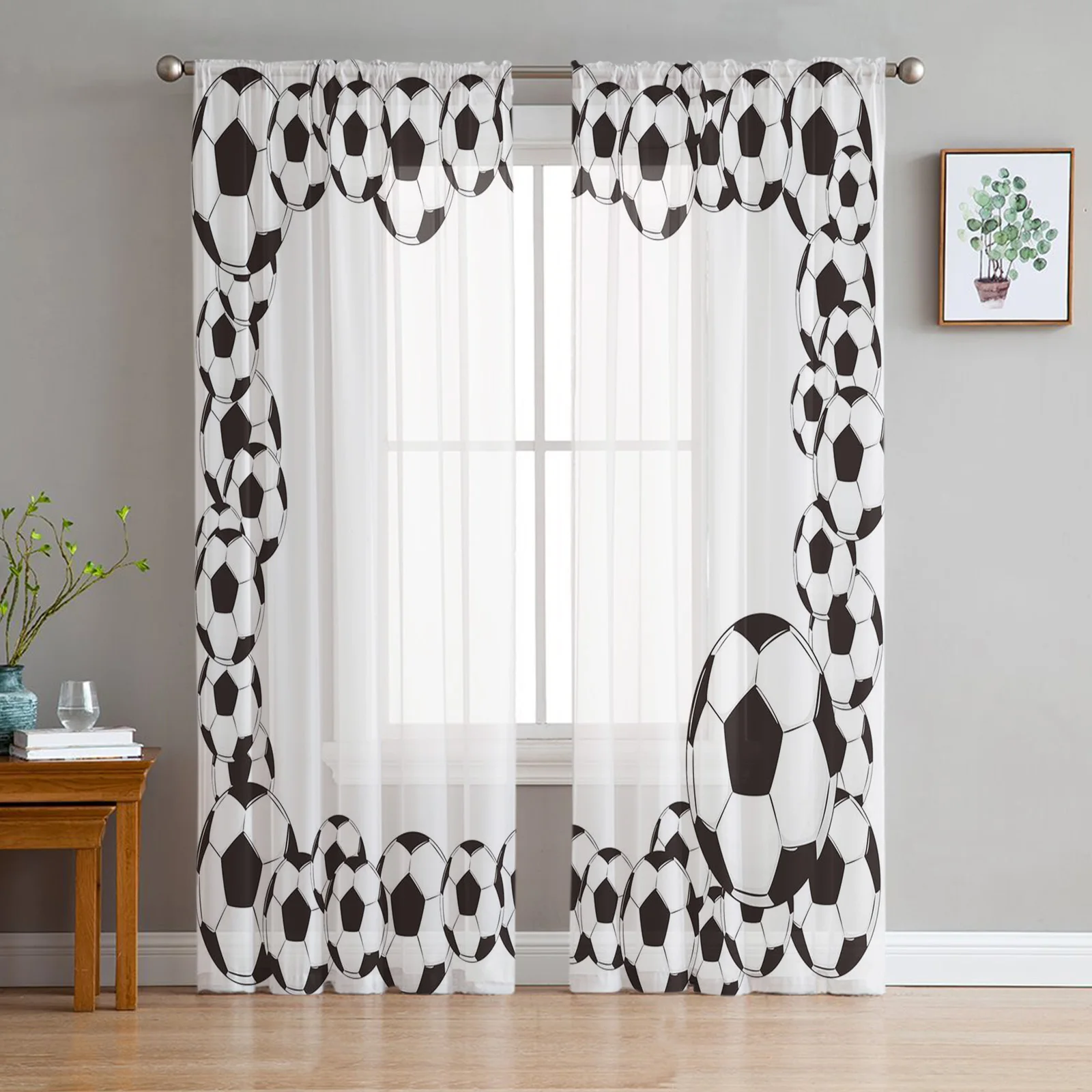 Black And White Football Sphere Sports Tulle Sheer Window Curtains for ...