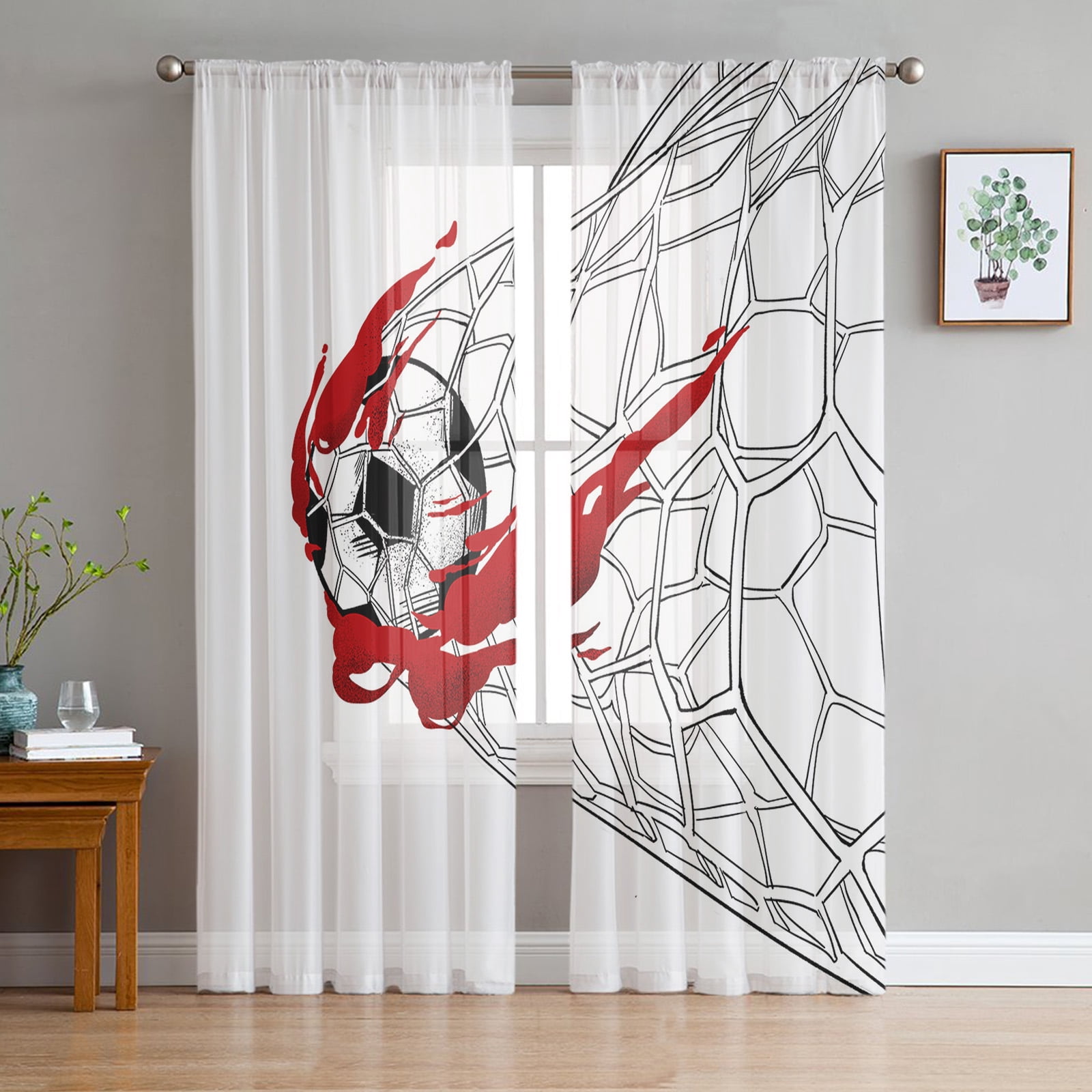 Black And White Football Sphere Sports Tulle Sheer Window Curtains for ...