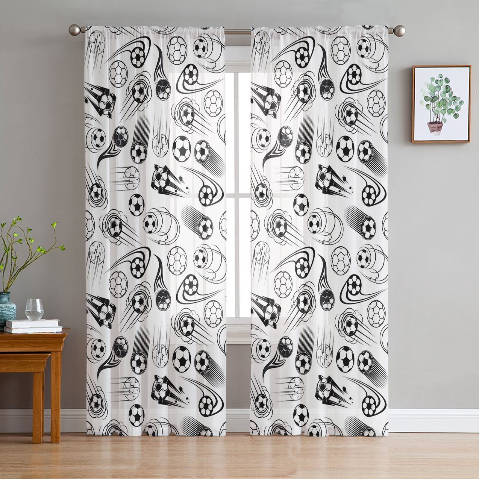 Black And White Football Sphere Sports Tulle Sheer Window Curtains for ...