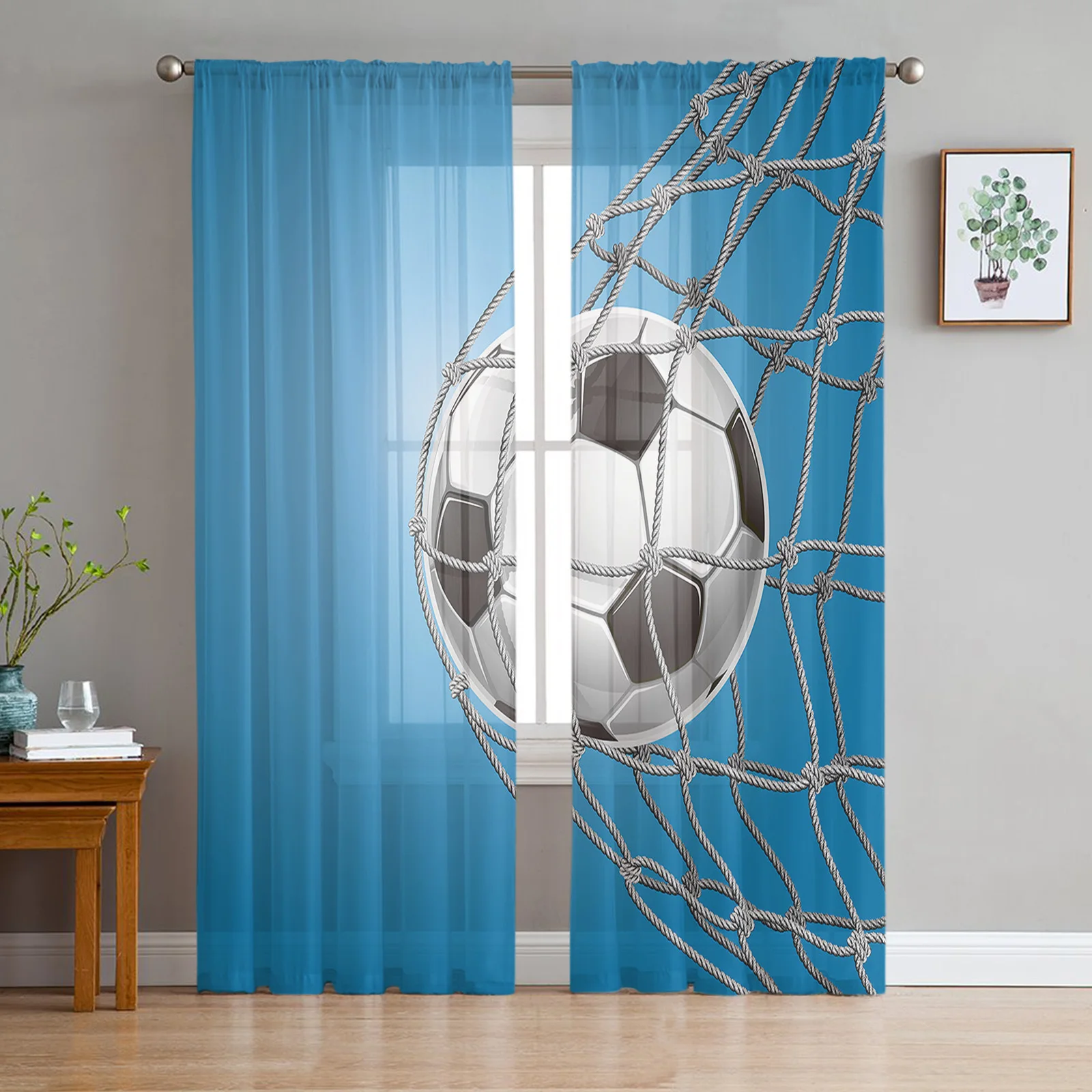 Black And White Football Sphere Sports Tulle Sheer Window Curtains for ...