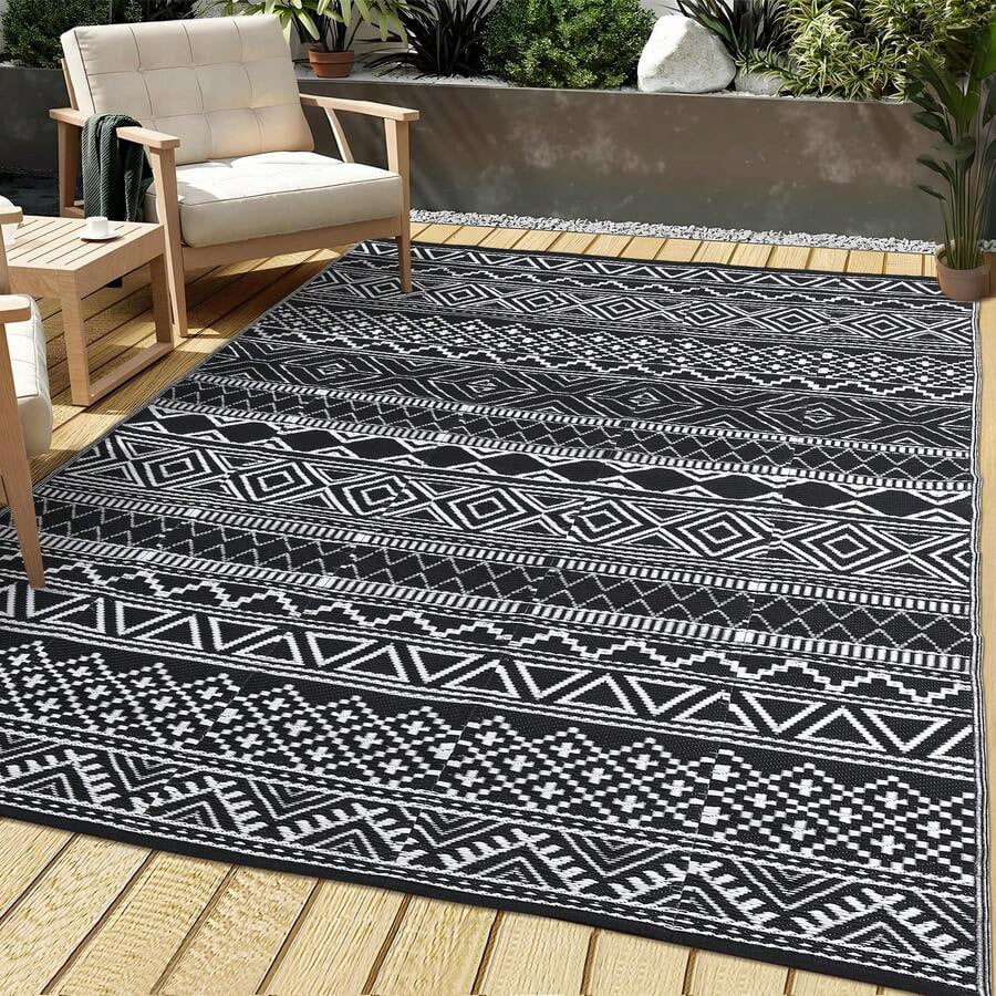 Black And White Geometric Pattern Outdoor Area Rug PP Plastic Woven ...