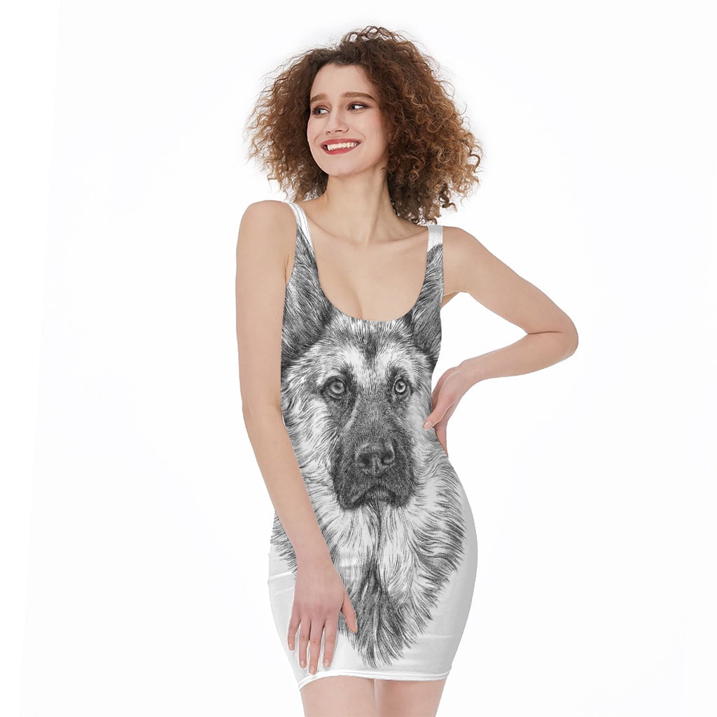 Black And White German Shepherd Print Sleeveless Bodycon Dress, Dog Pet ...