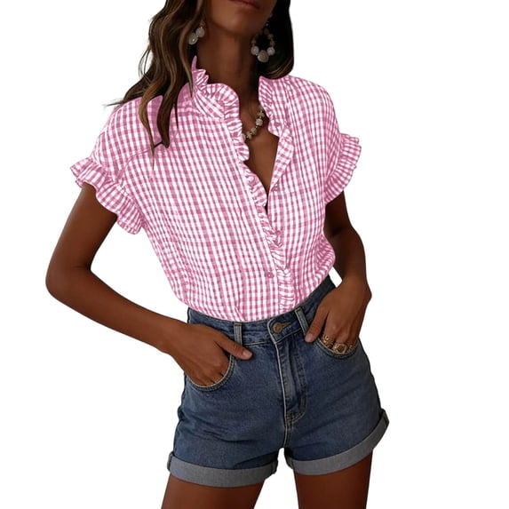 Black And White Gingham Plaid Ruffled Button Down Ruffle Short Sleeve ...