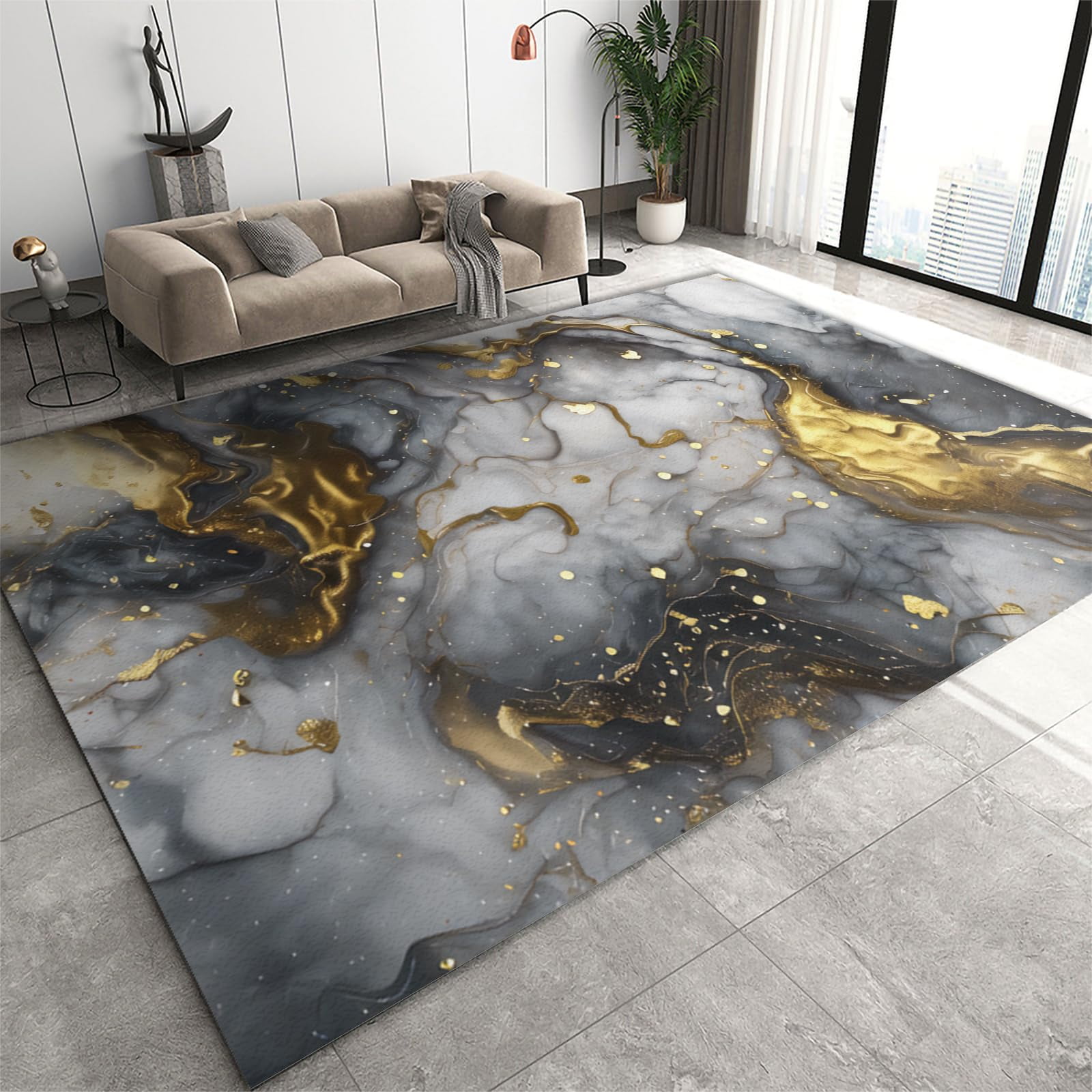 Black And White Gradient Ink Tie-Dye Bedroom Area Rug, Luxury Gold Foil ...