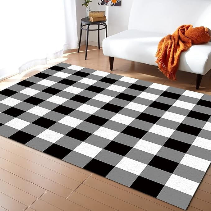 Black And White Gradient Simple Grid Area Rugs, Checkered Soft Washable ...