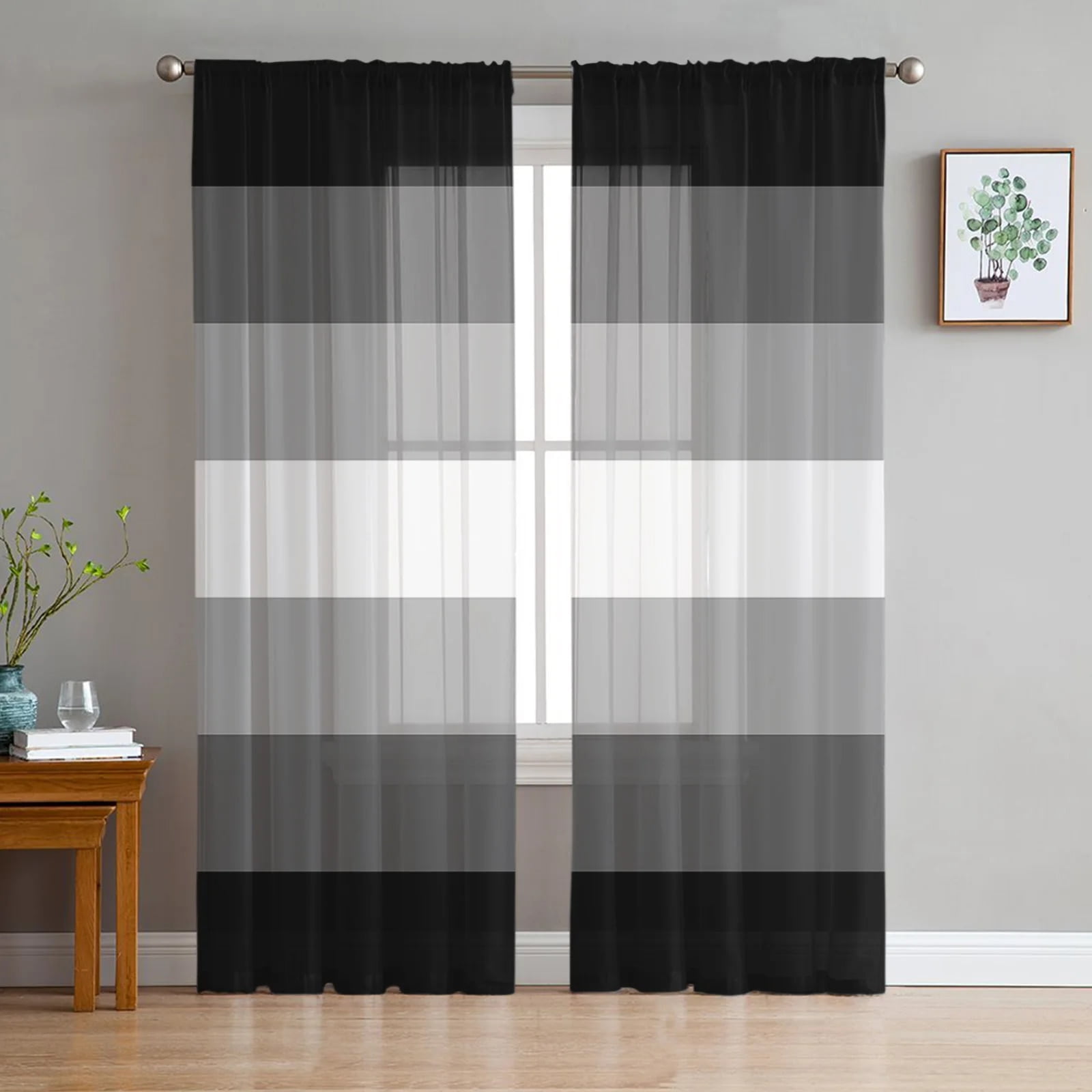 Black And White Gradient Stripes Tulle Curtains for Living Room Sheer ...