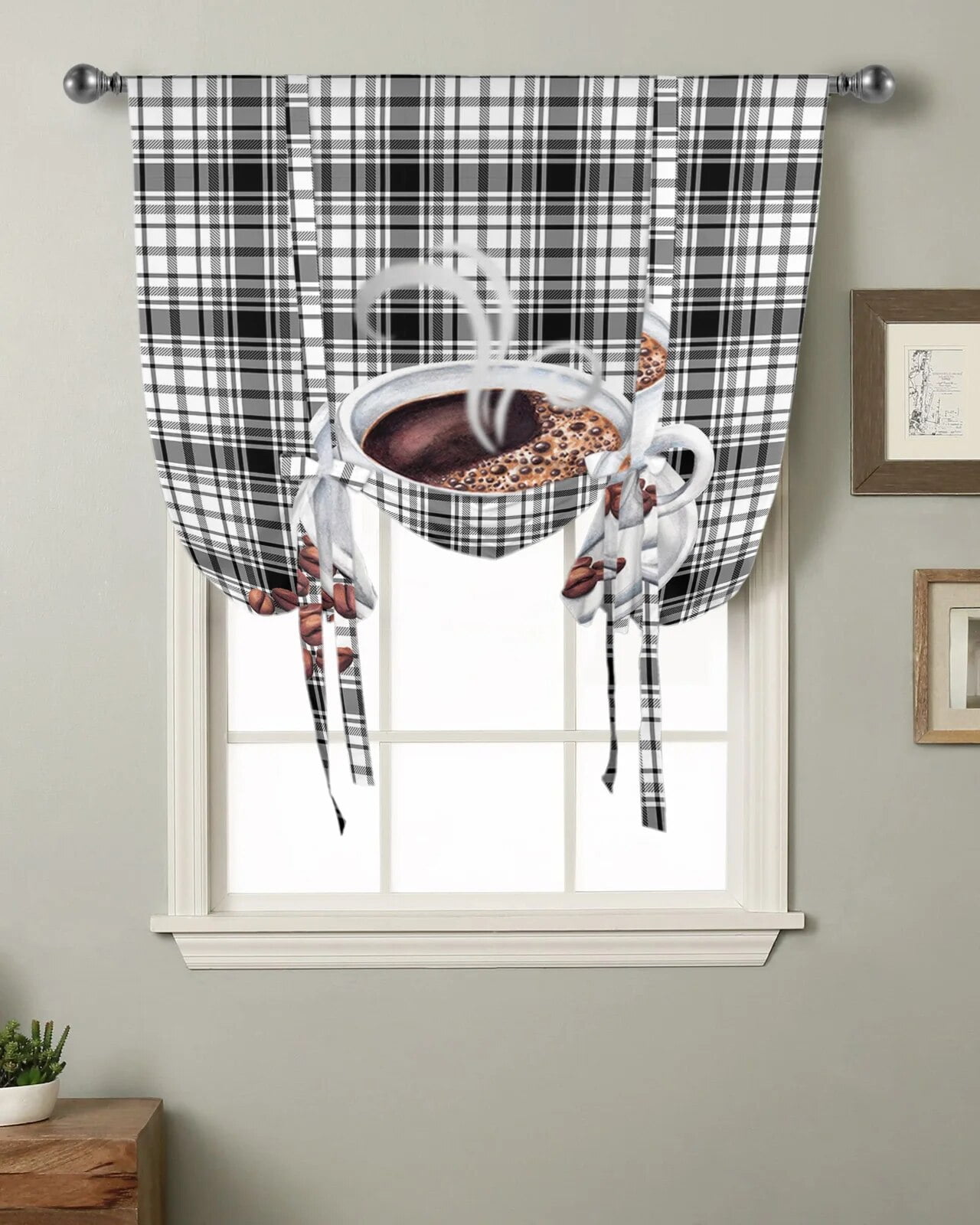 Black And White Grid Coffee Beans Kitchen Short Window Curtain Rod ...