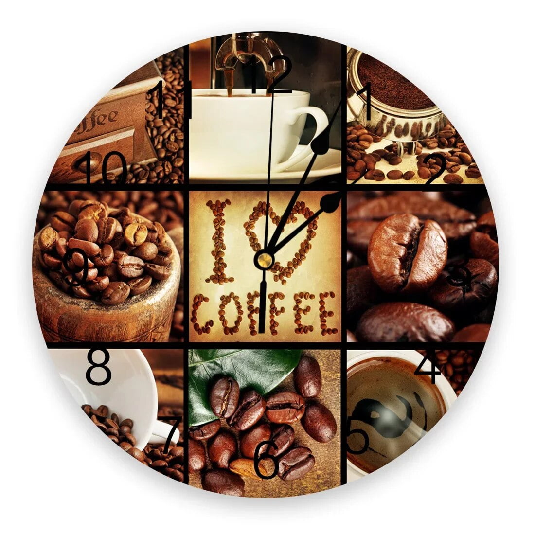 Black And White Grid Coffee Beans Wall Clocks Silent Home Cafe Office ...