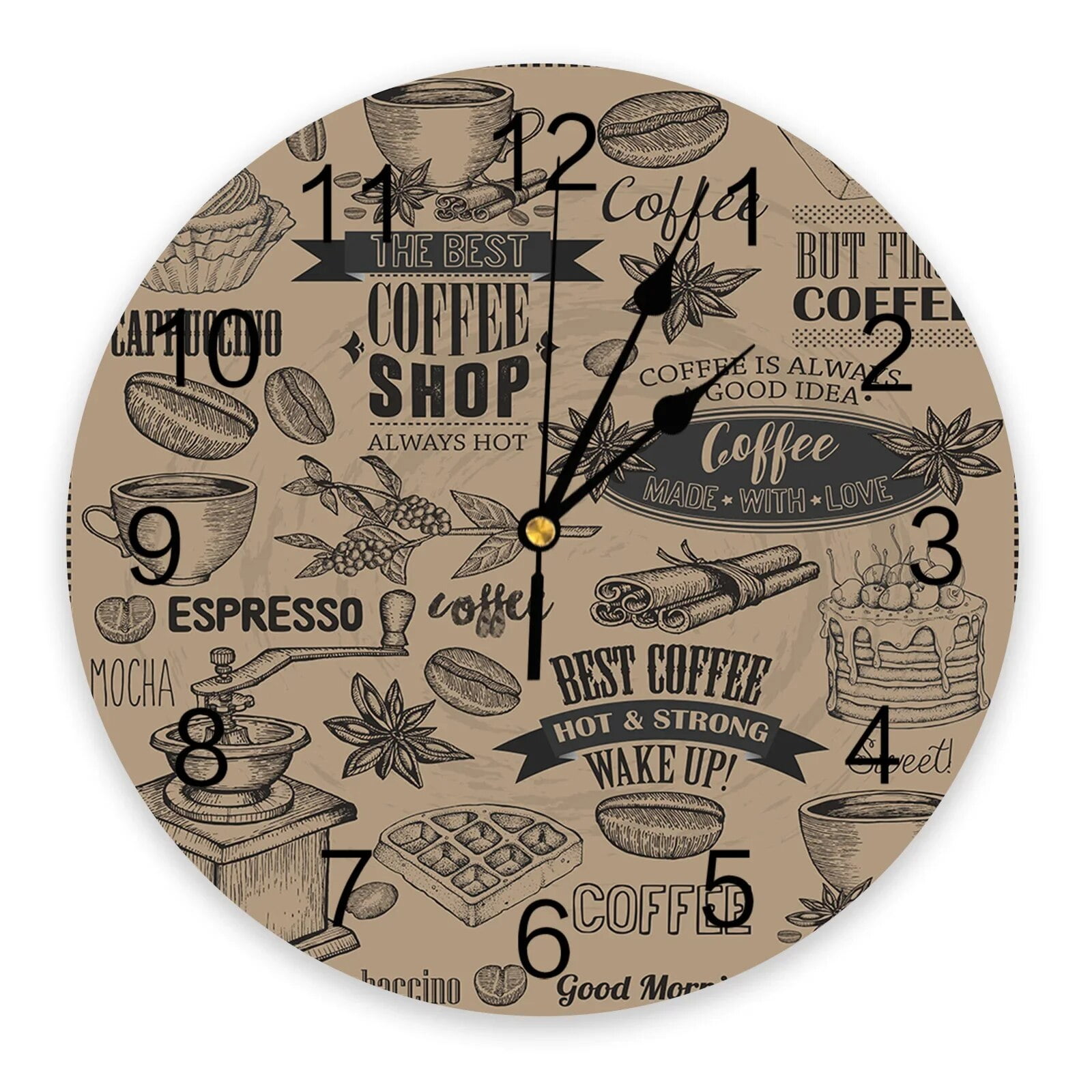 Black And White Grid Coffee Beans Wall Clocks Silent Home Cafe Office ...