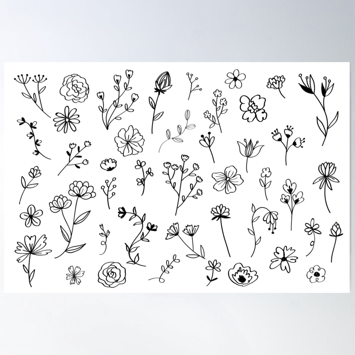 Black And White Hand Drawn Flower Set Poster Wall Art, Modern Wall ...
