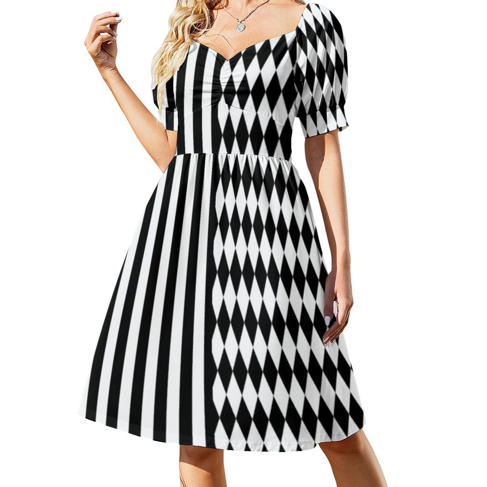 Black And White Harlequin Diamonds And Stripes Short Sleeve Dress ...