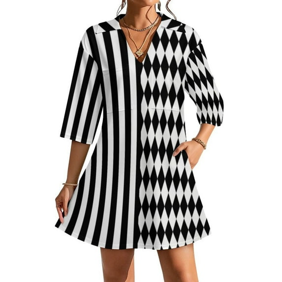 Black And White Harlequin Diamonds And Stripes Womens Dress With ...