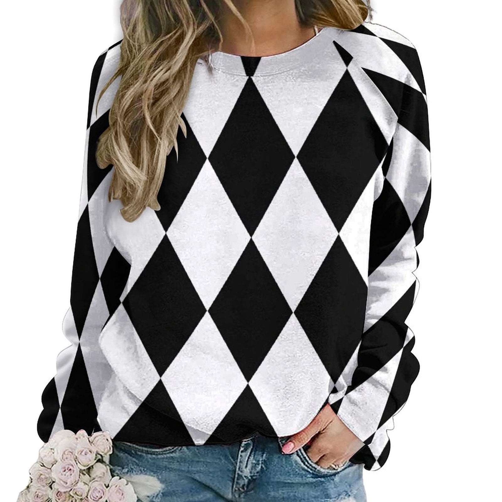 Black And White Harlequin Pattern Women Casual Long Sleeve Hoodie ...