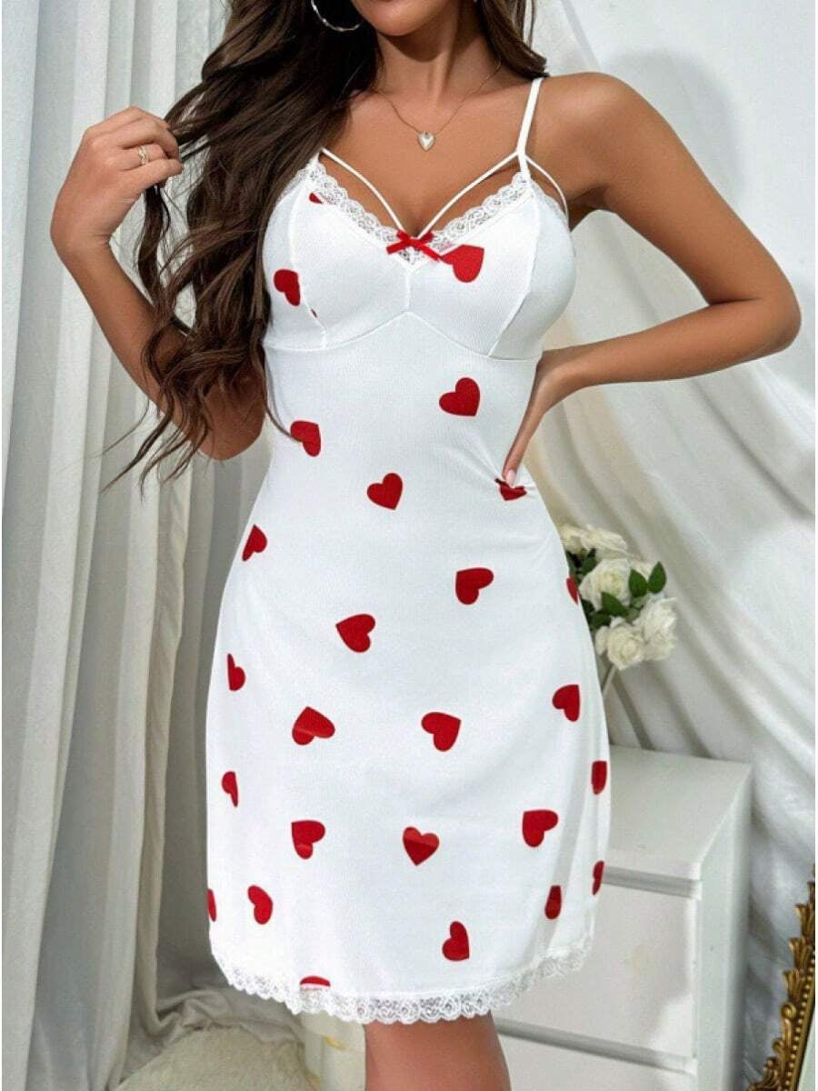 Black And White Heart Print Lace Trim Camisole Sleep Dress For ...