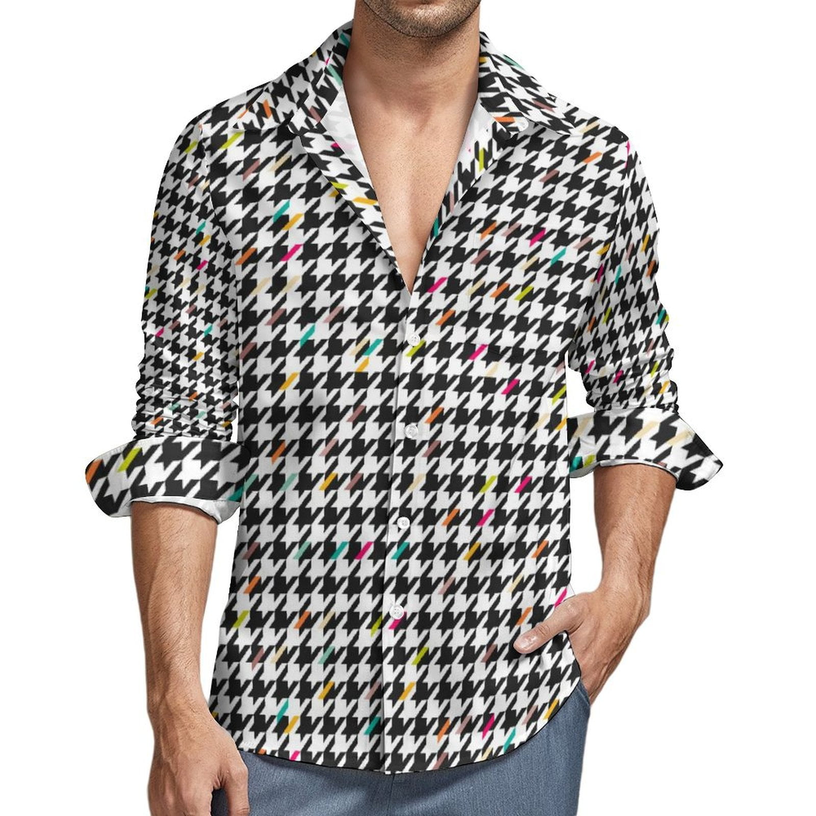 Black And White Houndstooth Mens Long Sleeve Button Down Shirts, Casual ...