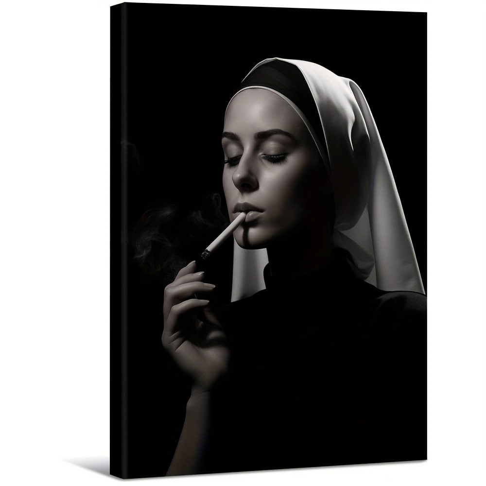 Black And White Image Of A Nun With A Cigarette Large Wooden Framed ...