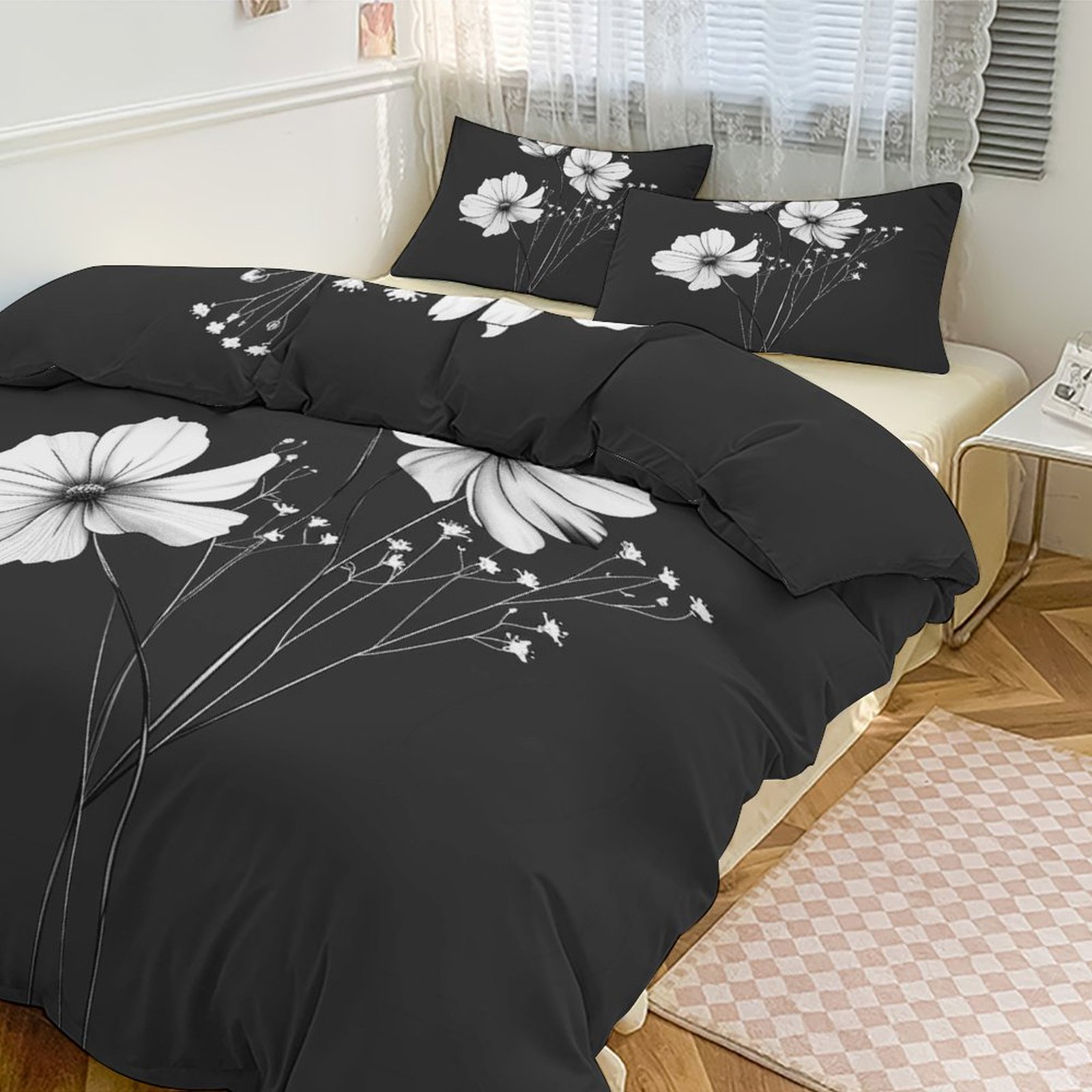 Black And White Ink Flower Bedding Set with Zipper Closure for Girls ...