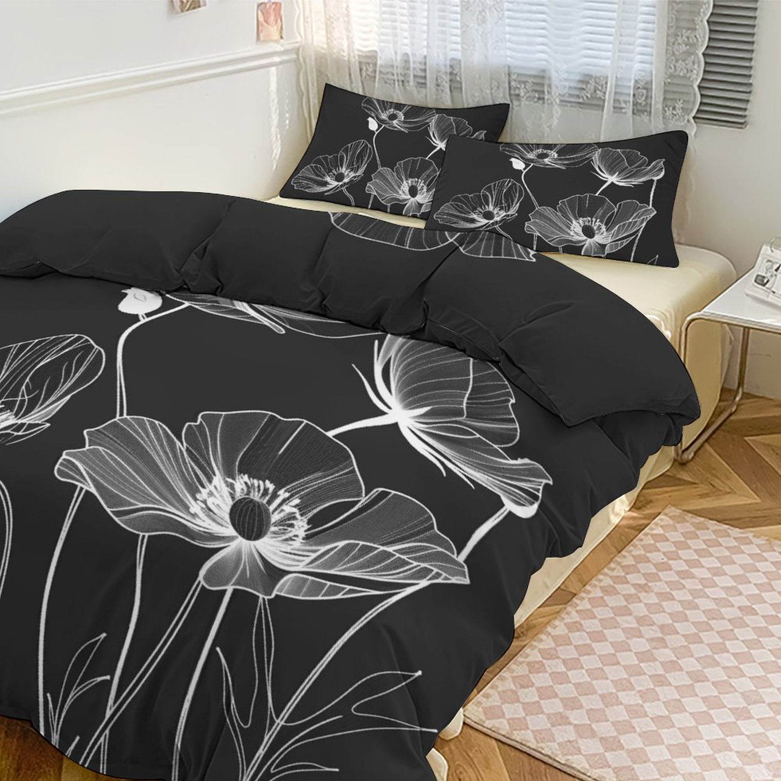 Black And White Ink Flower Bedding Sets Twin Duvet Cover 3 Piece Cute ...