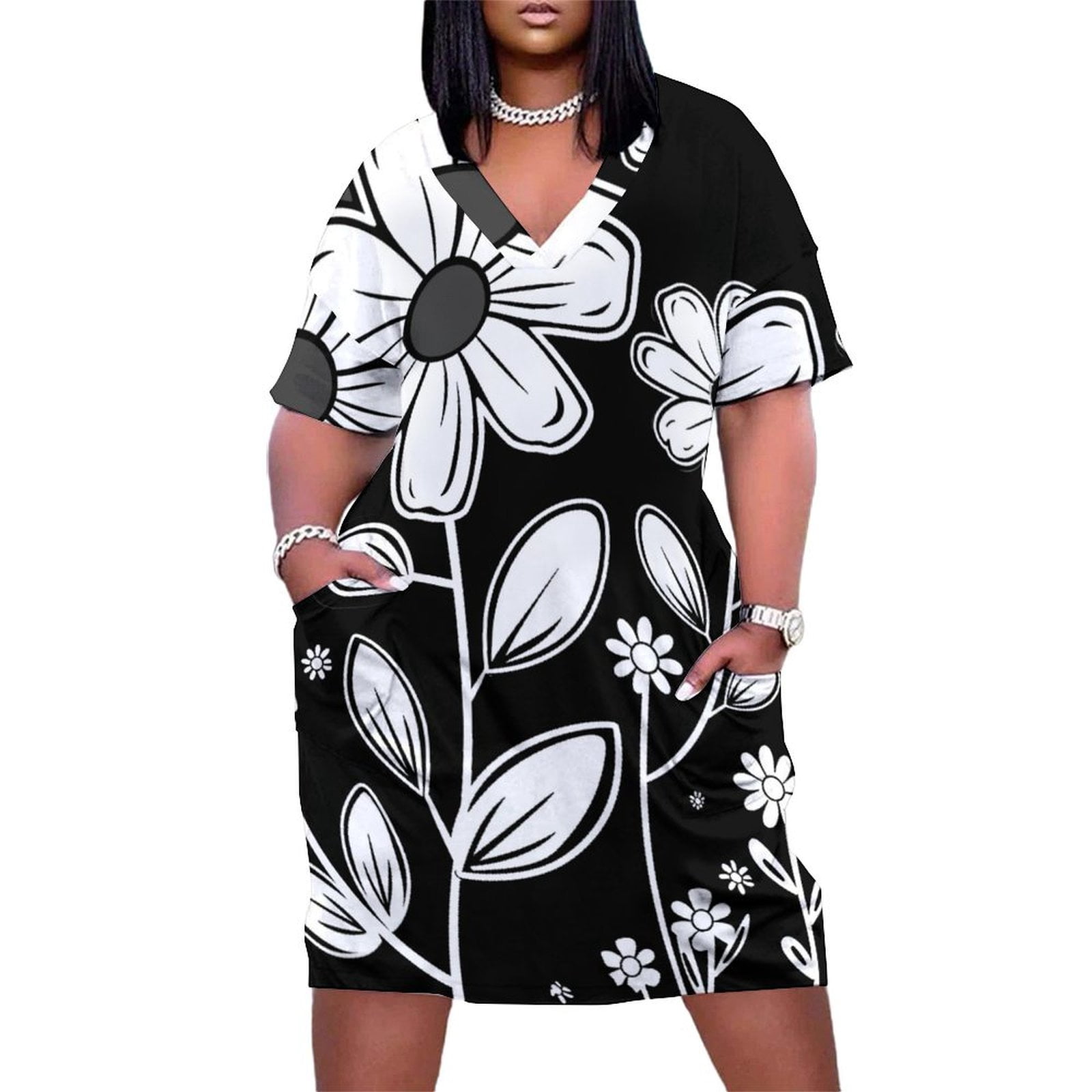 Black And White Ink Flower Summer Sundress for Curve Women Casual ...