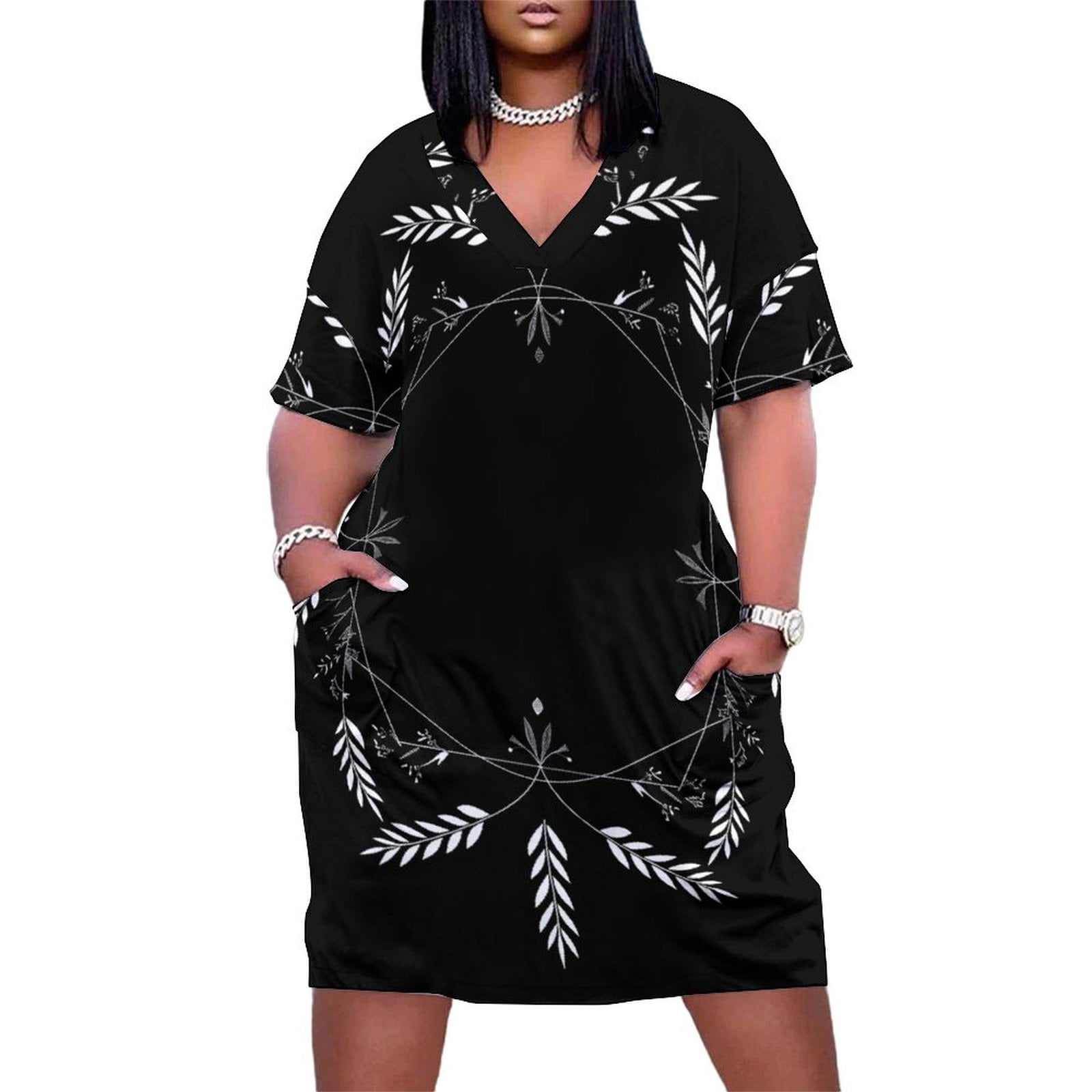 Black And White Ink Flower Summer Sundress for Curve Women Casual ...