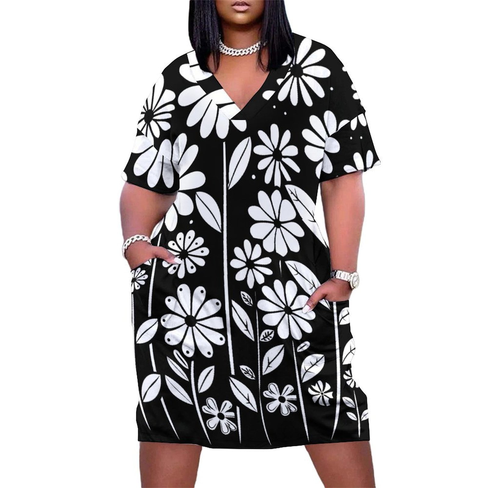 Black And White Ink Flower Women's Loose Short Sleeve Dress Casual ...