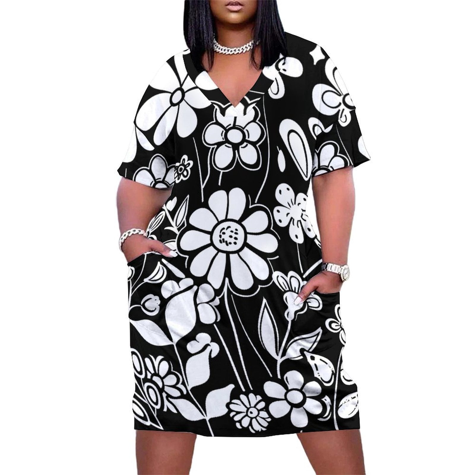 Black And White Ink Flower Women's Summer Short Sleeve Casual Dresses ...