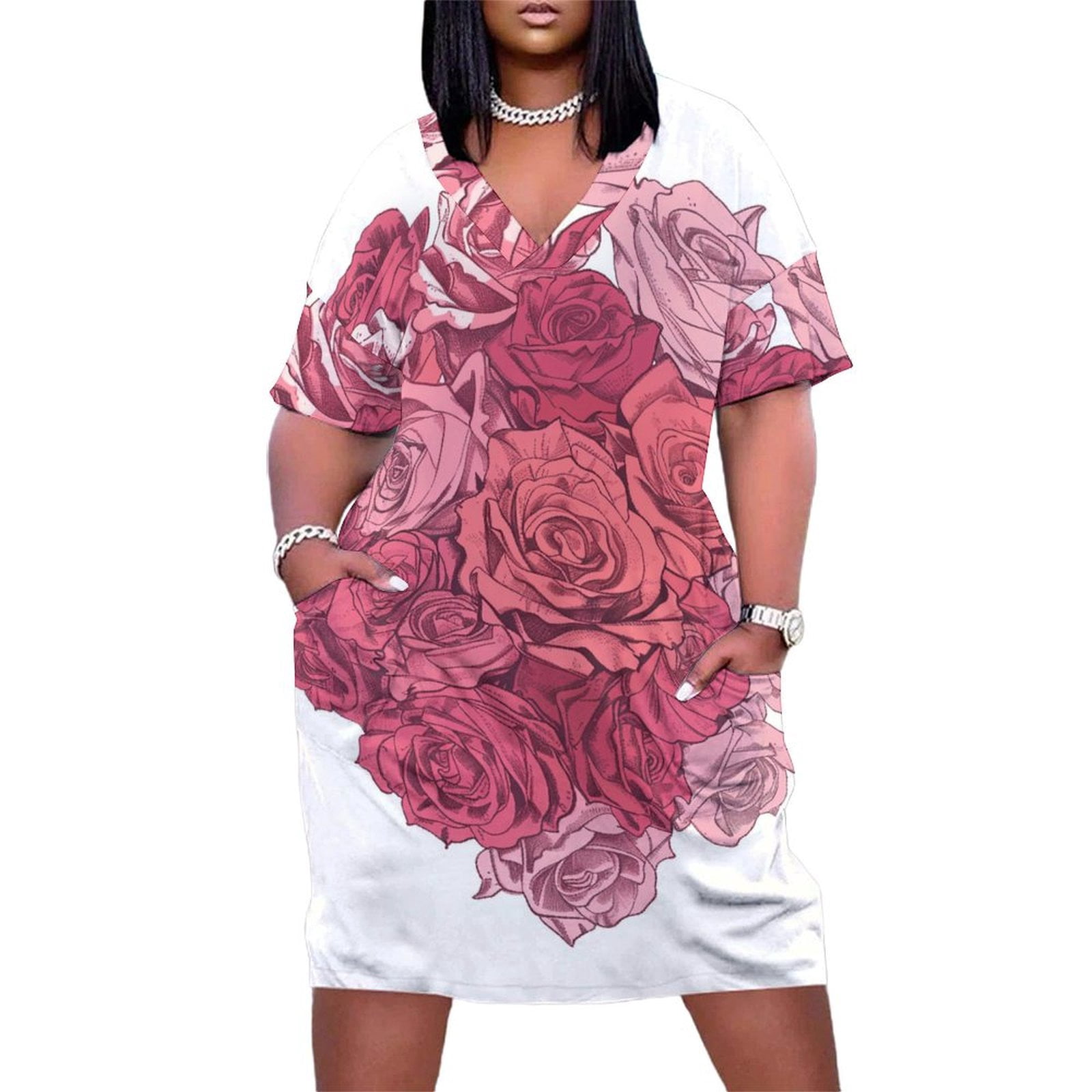 Black And White Ink Flower Women's Summer Short Sleeve Casual Dresses ...