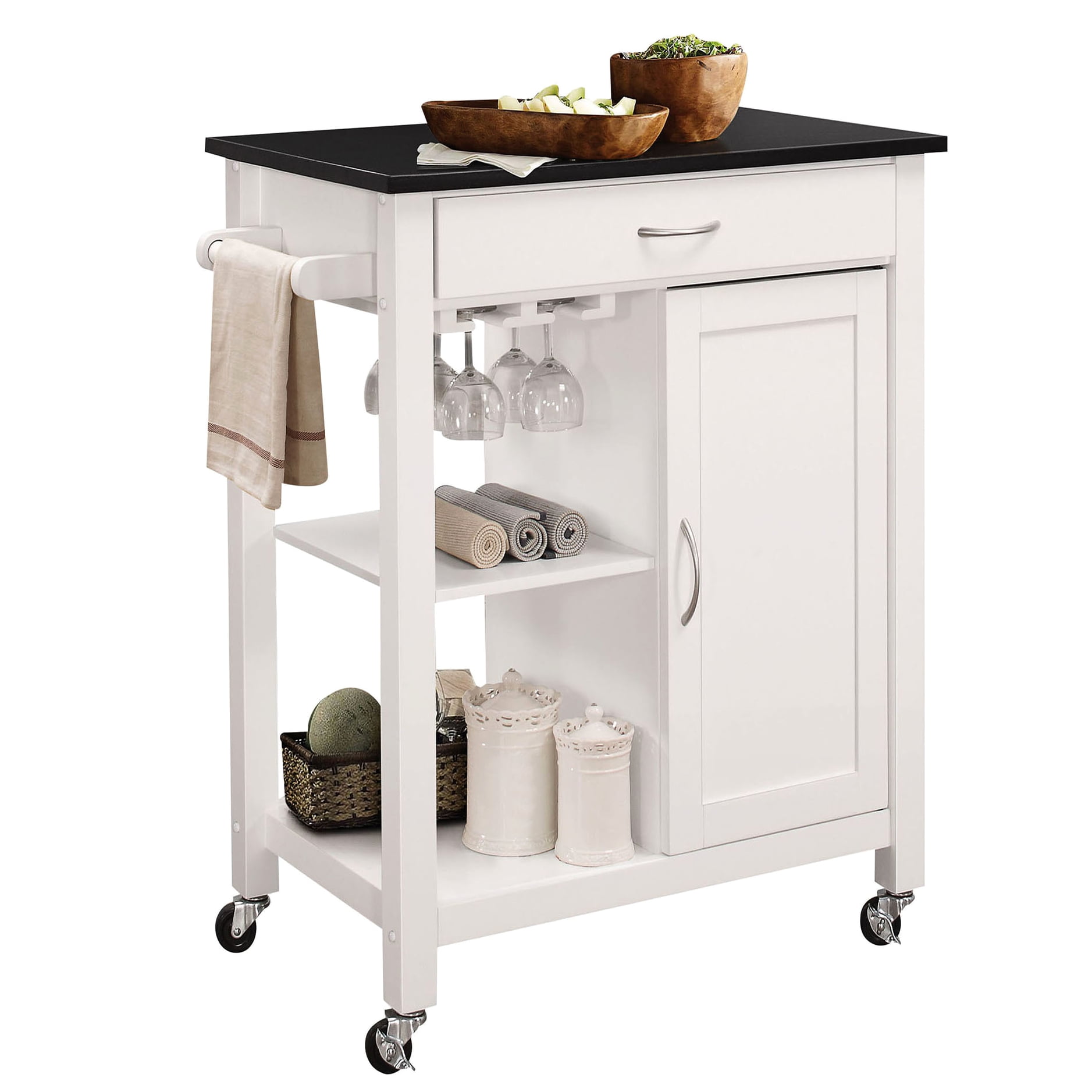 Black And White Kitchen Cart With Cabinet, Towel Rack, Wine Open ...