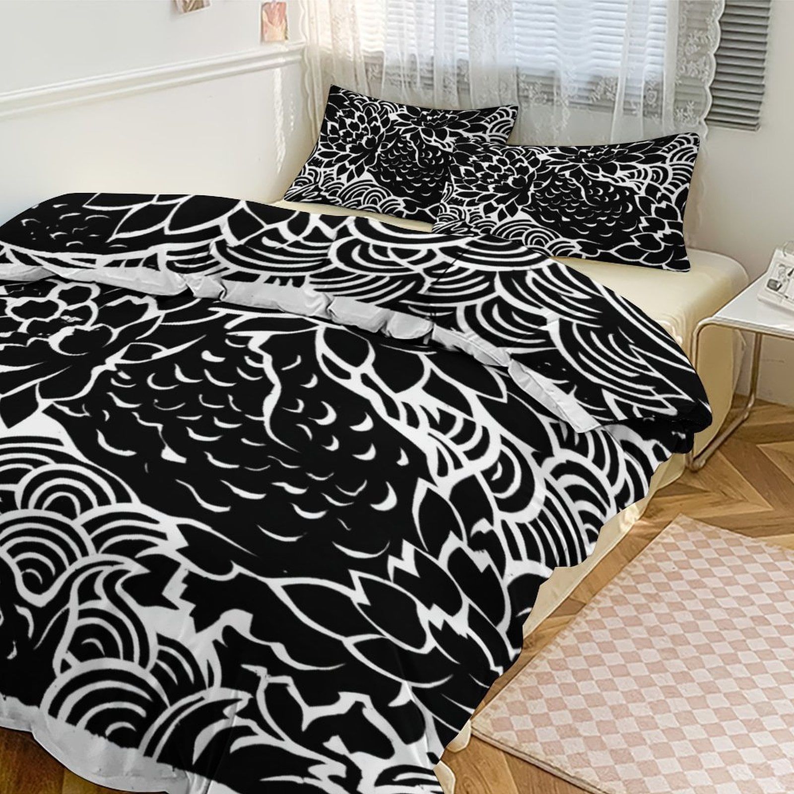 Black And White Koi Fish Floral Pattern Bedding Set with Zipper Closure ...