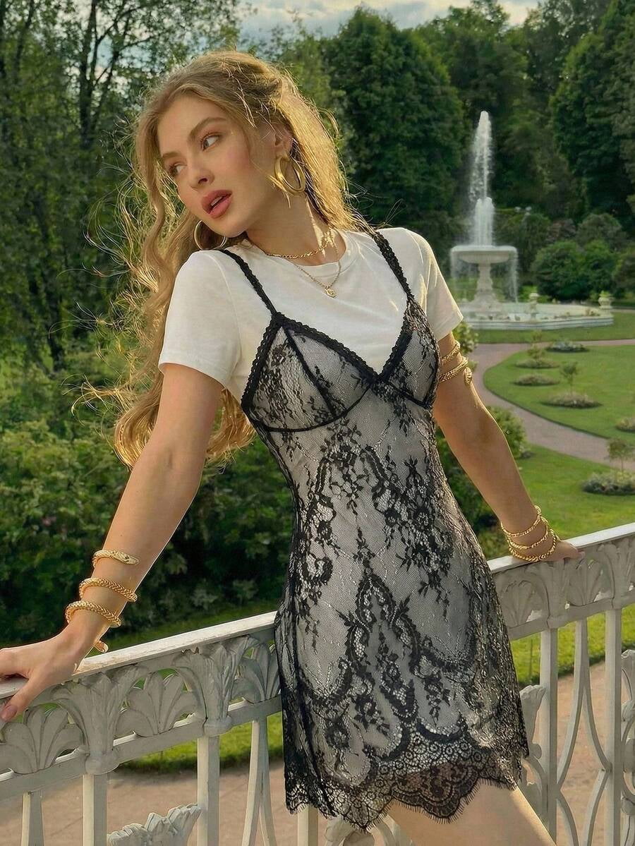 Black And White Lace Overlay Mini Dress With White Short Sleeve Base ...