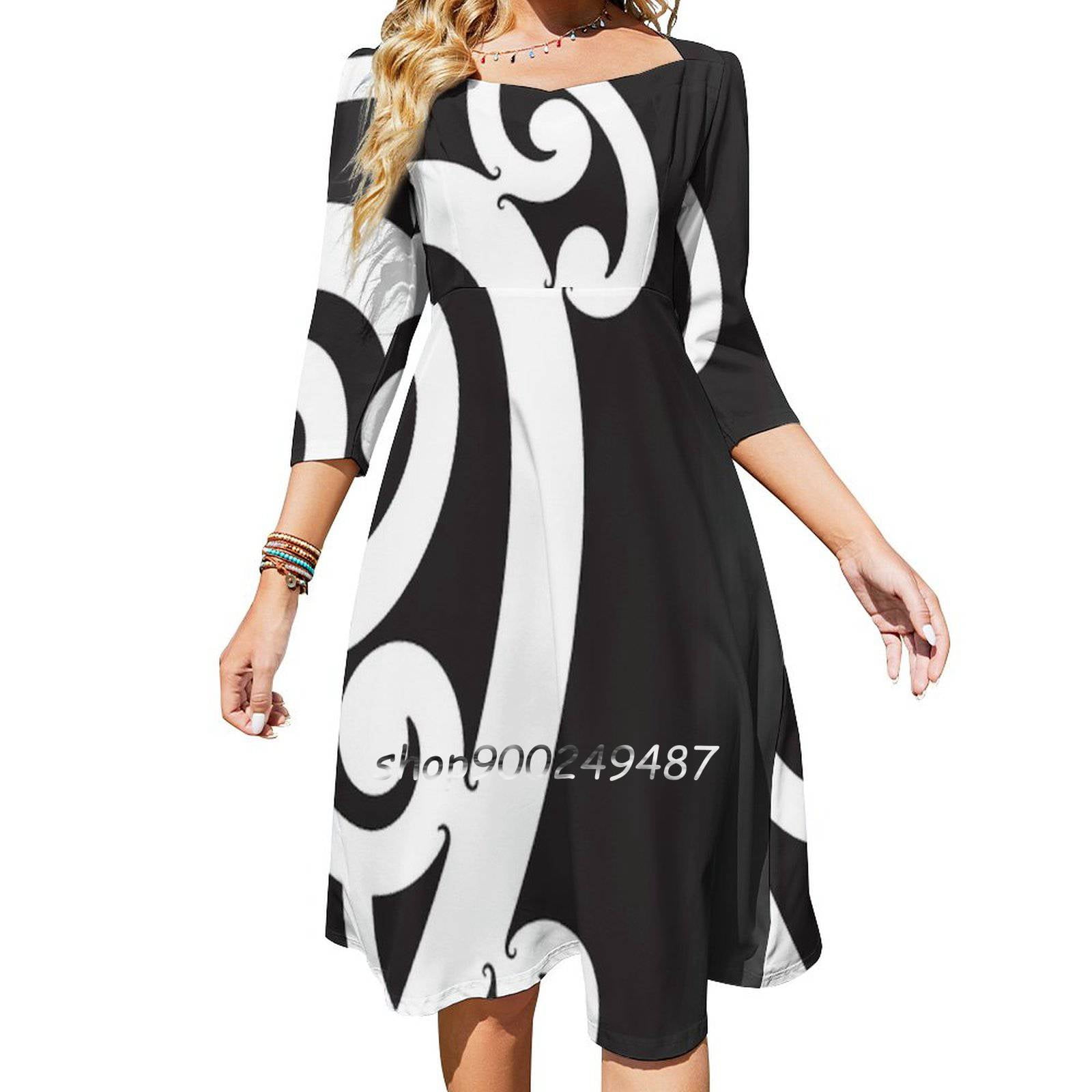 Black And White Layered Maori Koru Design Sweetheart Knot Flared Dress ...