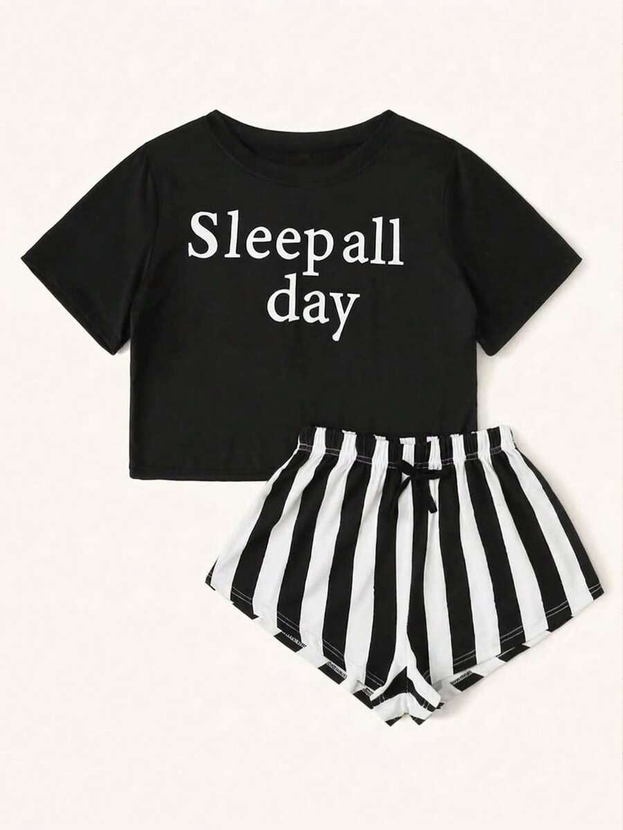 Black And White Letter Print Crop Top And Stripe Shorts Pajama Set ...