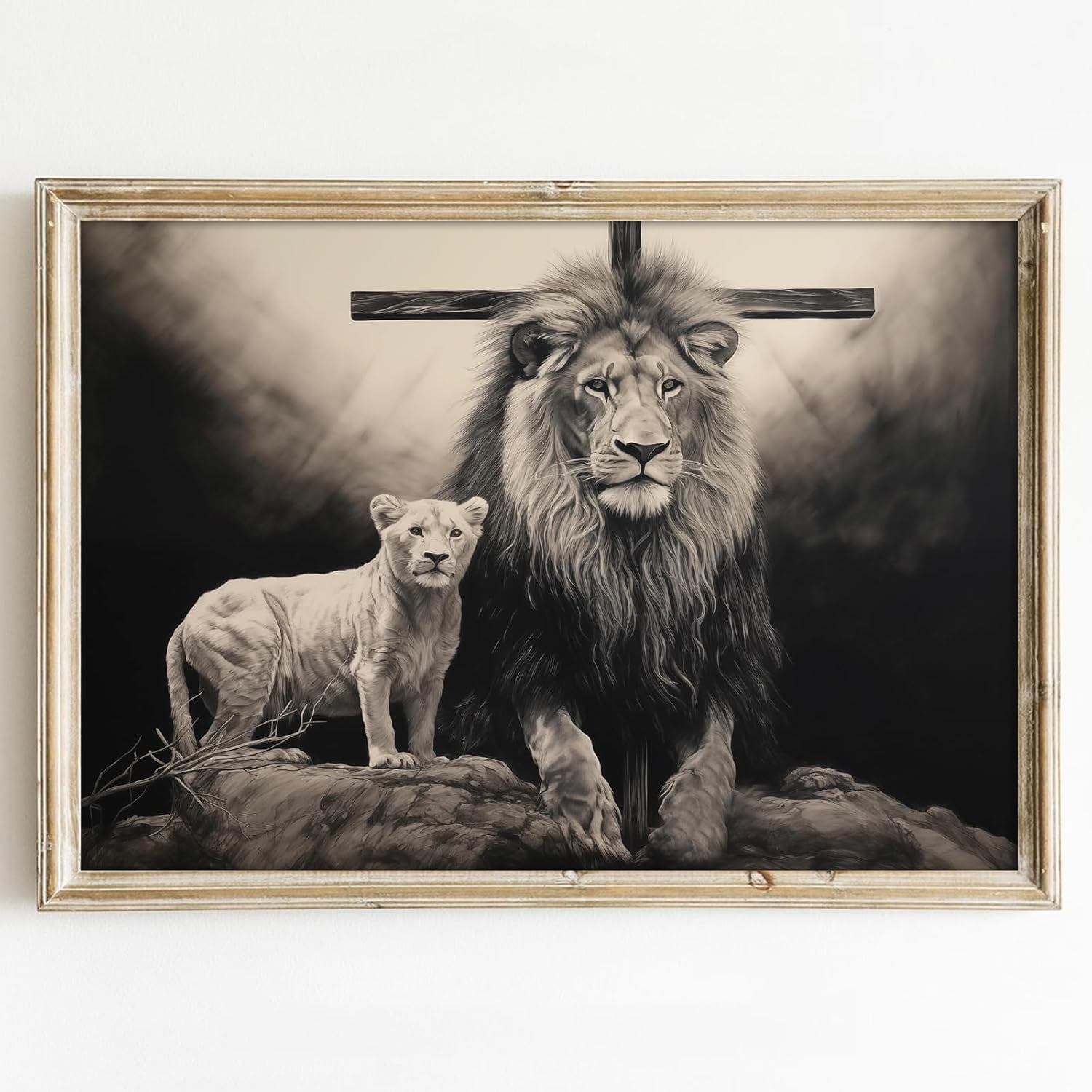 Black And White Lion Canvas Christian Cross Print Wall Art Lion Cross ...