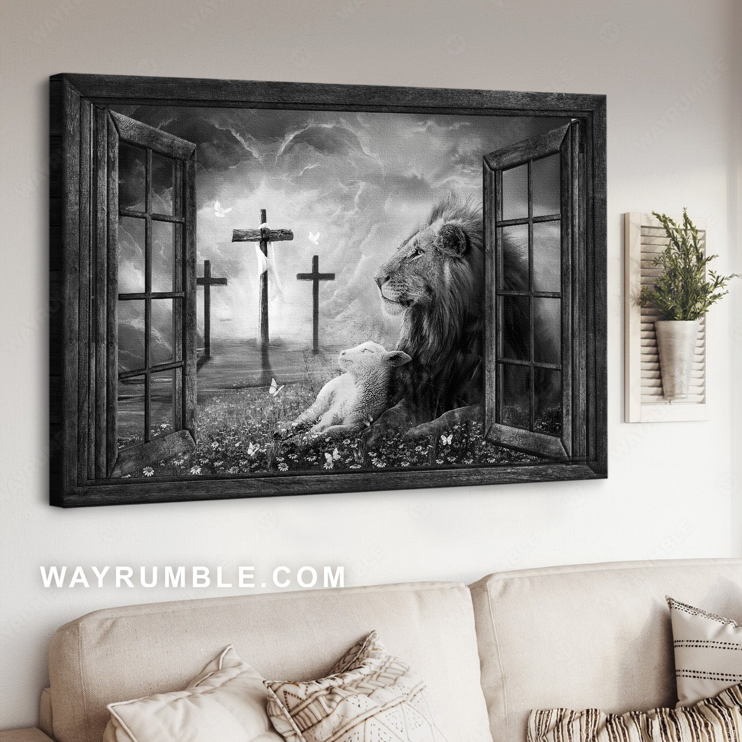 Black And White Lion Of Judah Lamb Of God Three Rugged Crosses On A ...