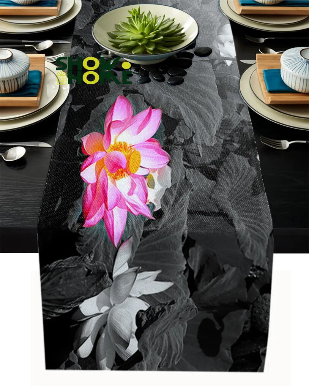 Black And White Lotus Flower Luxury Table Runner for Wedding Birthday ...