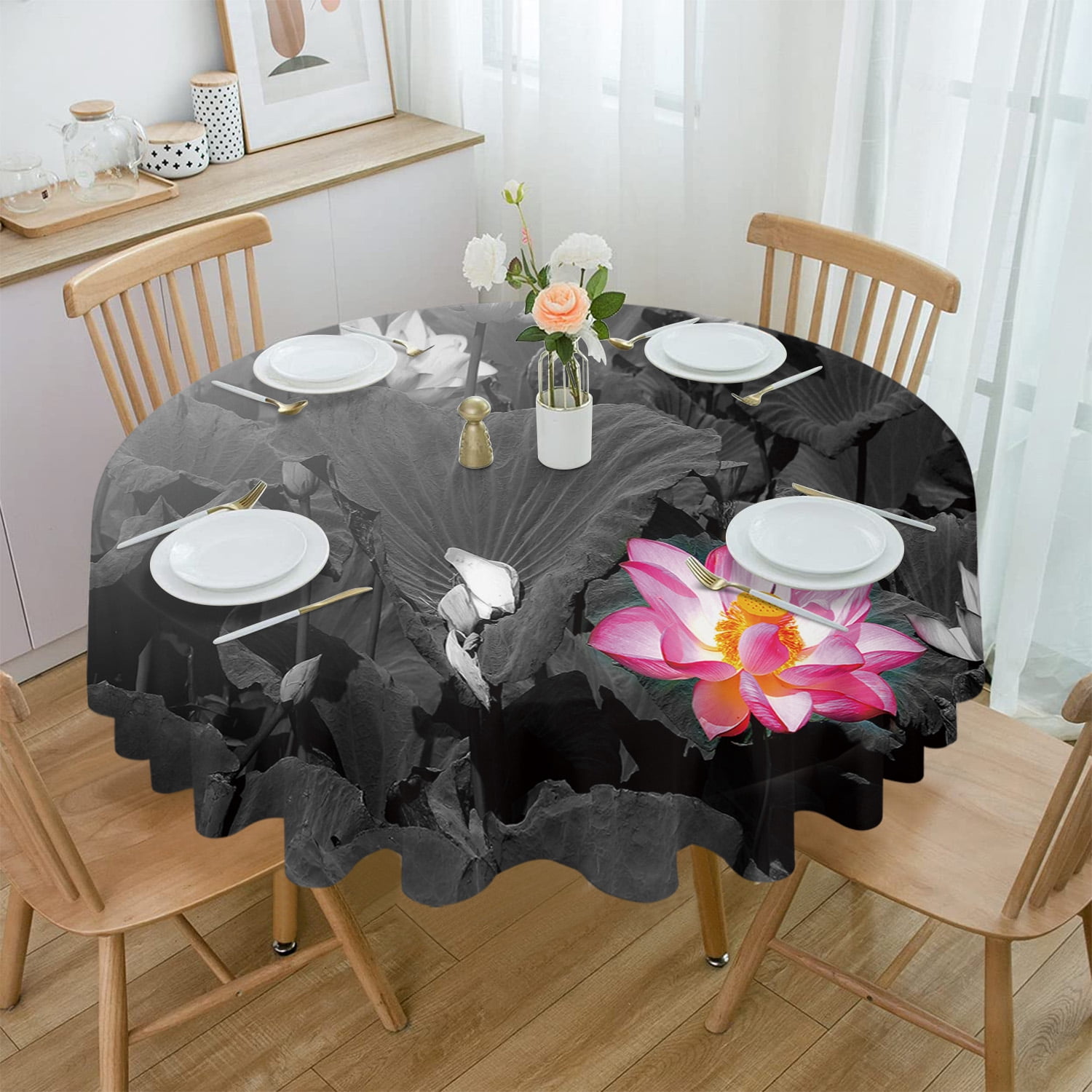 Black And White Lotus Flower Round Tablecloths for Dining Table ...