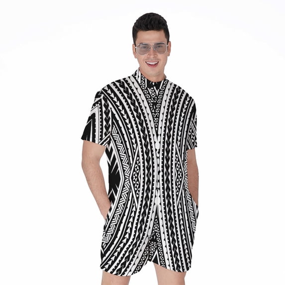 Black And White Maori Tattoo Short Sleeve Men'S Rompers, Polynesian ...