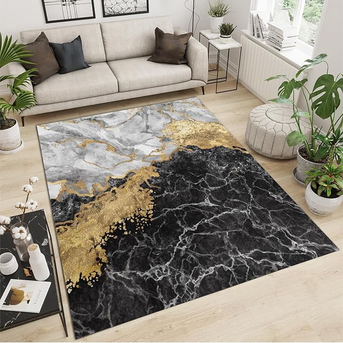 Black And White Marble Texture Area Rug, Modern Fluid Gold Foil Crack ...