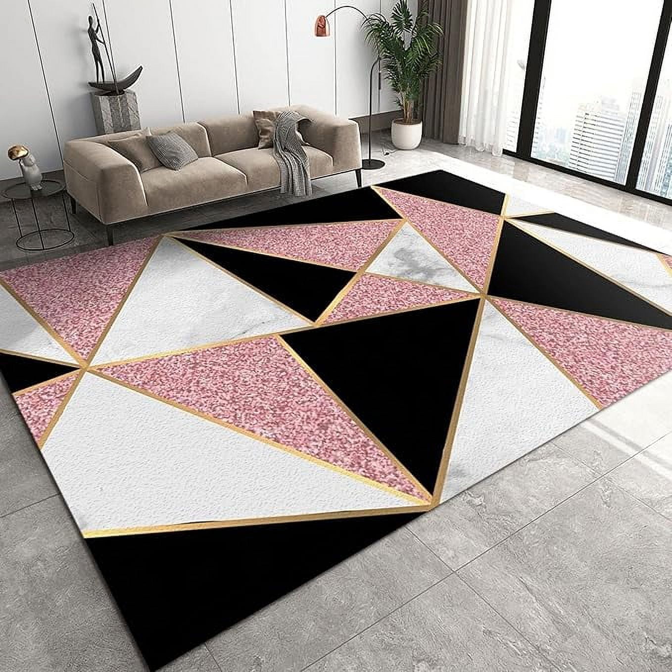 Black And White Marble Texture Area Rug, Pink Irregular Geometry ...