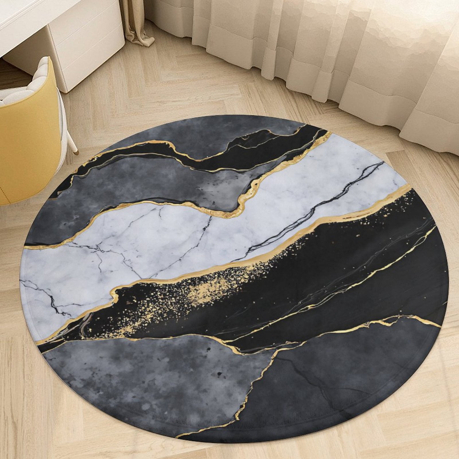 Black And White Marble Texture Round Area Rugs for Bedroom Living Room ...
