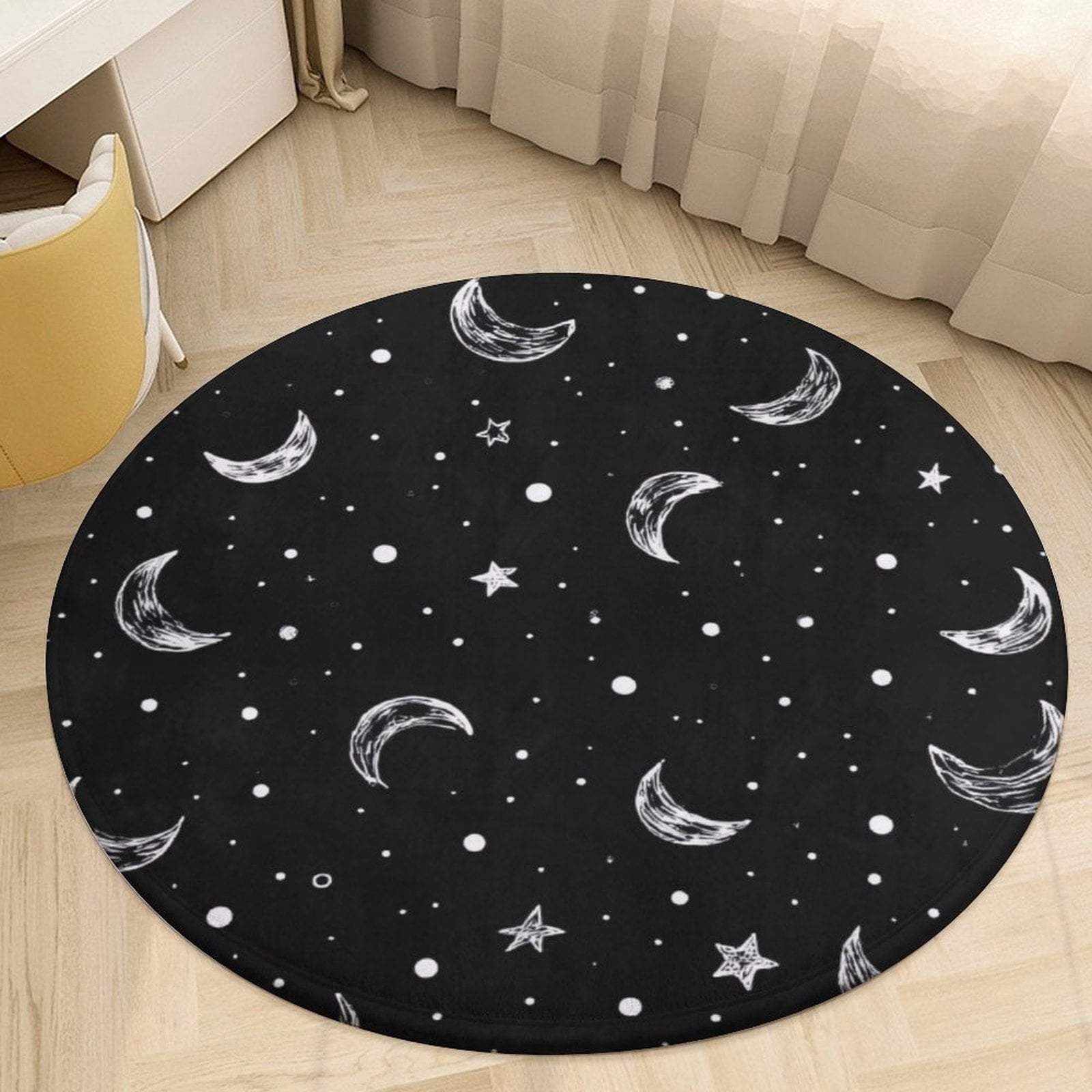 Black And White Moon Star Pattern Round Area Rugs for Bedroom Living ...