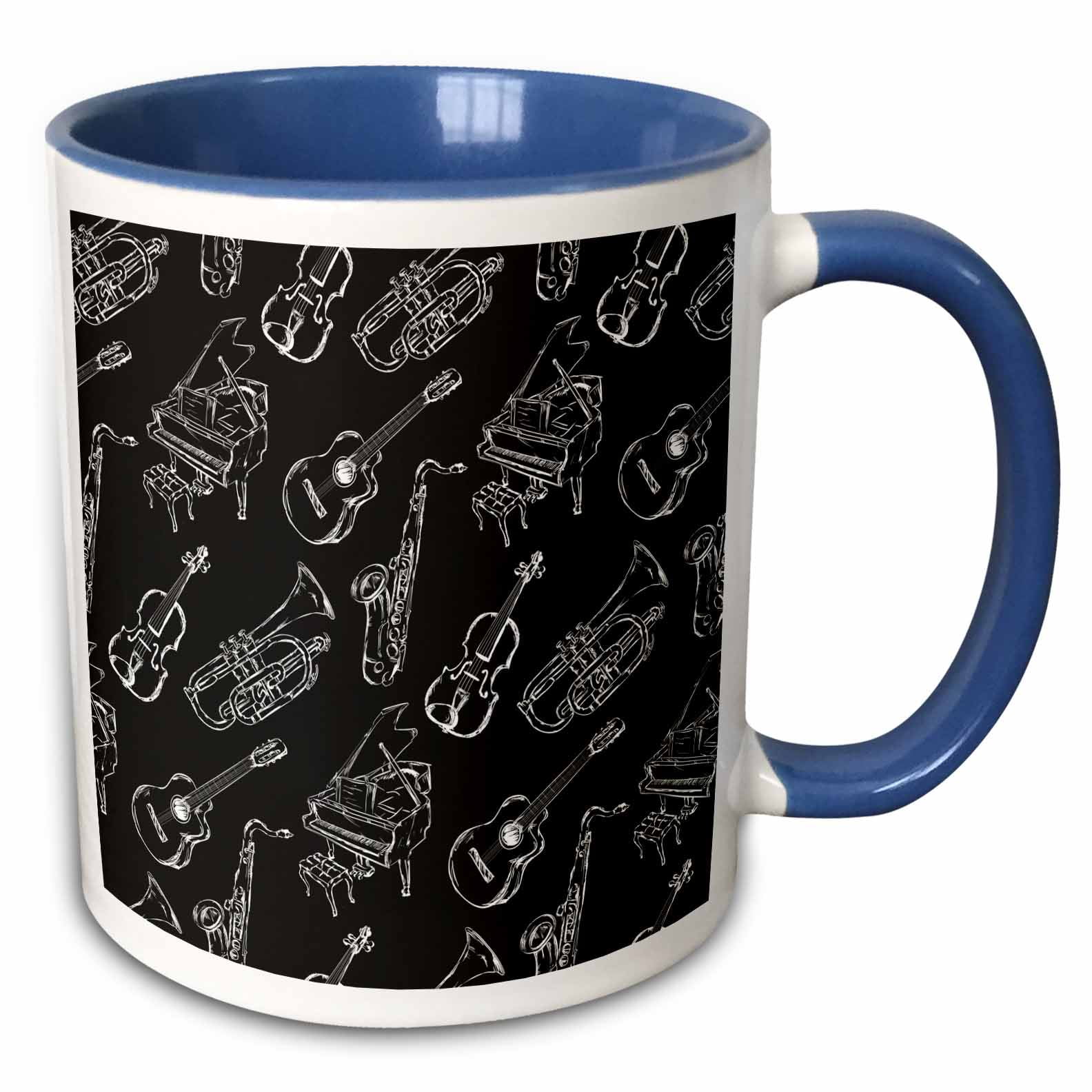 3drose, Black and White Musical Instruments Pattern, 15oz Two-tone Blue ...