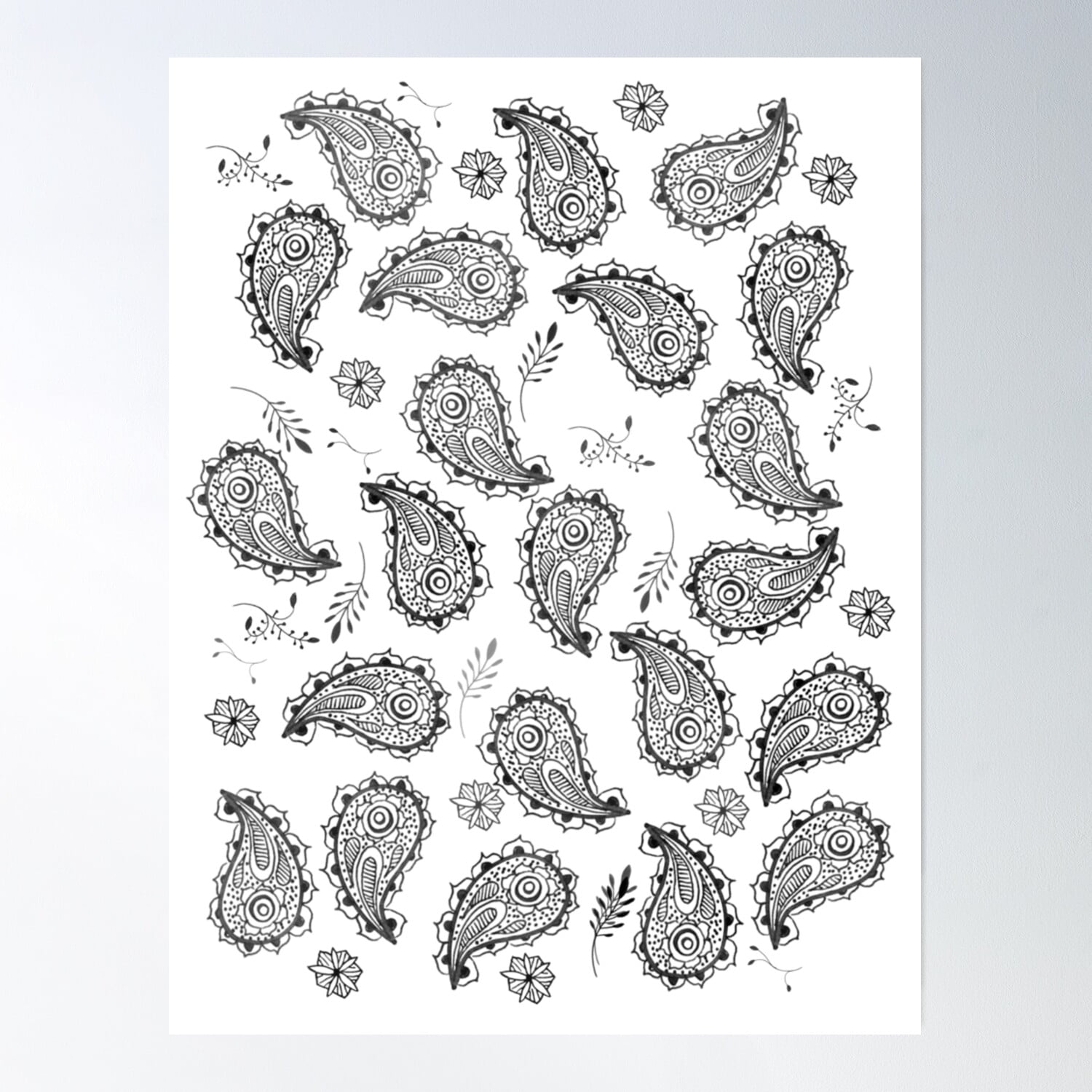 Black And White Paisley Pattern, Hand Drawn Style Poster Wall Art ...