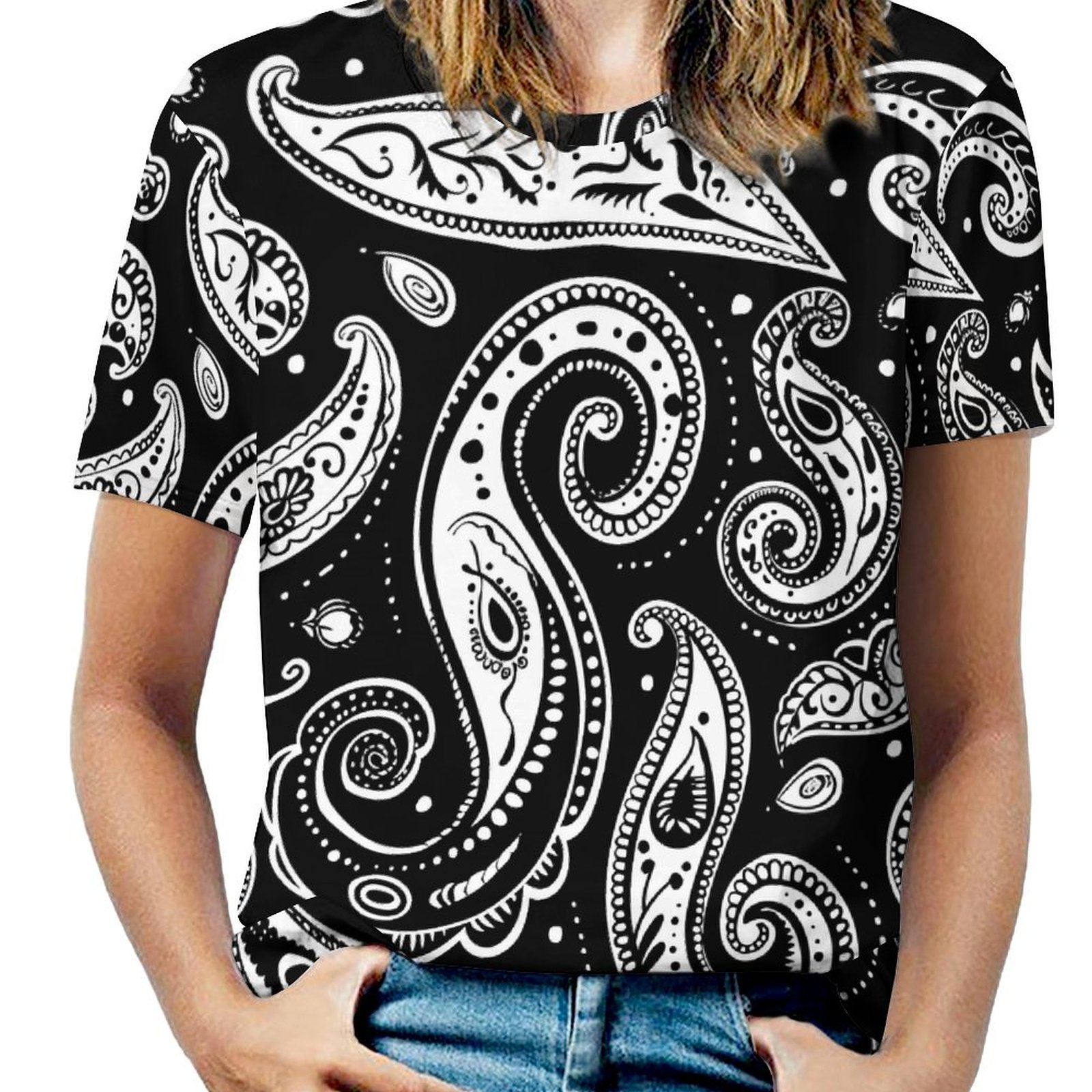 Black And White Paisley Pattern Seamless Design Women's Short Sleeve ...