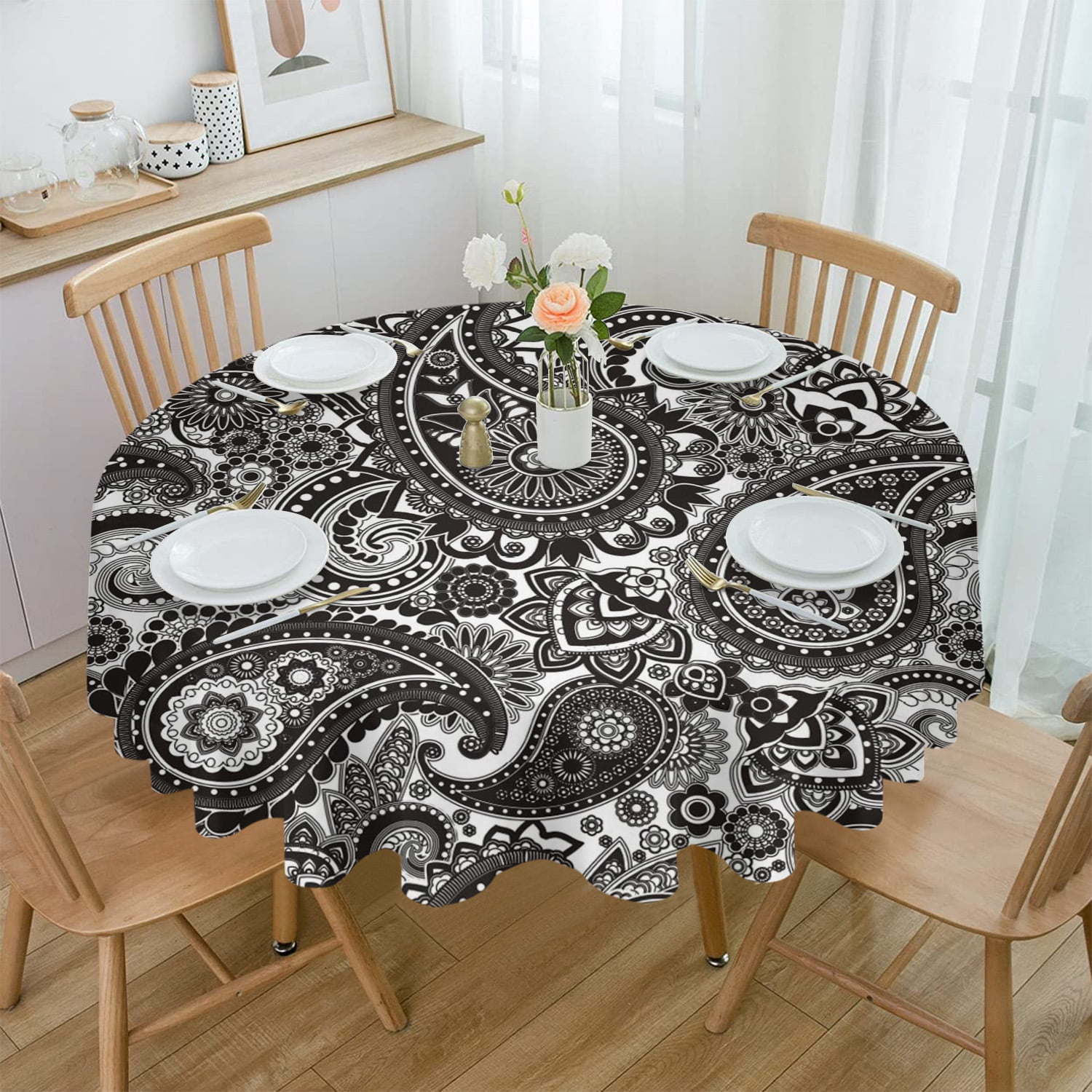 Black And White Paisley Round Tablecloths for Dining Table Waterproof ...