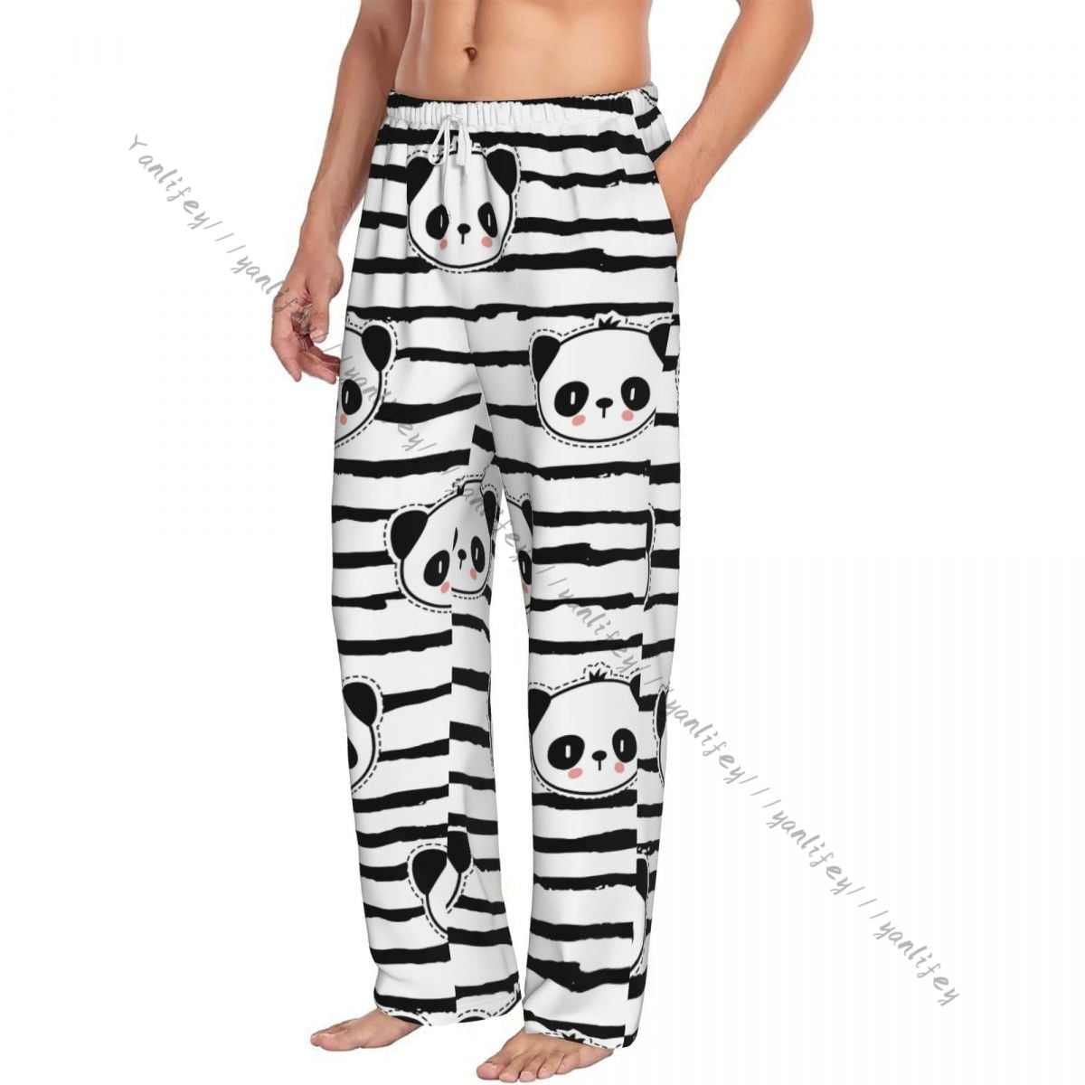 Black And White Panda Bear Strip Pattern Mens Woman Pajamas Pyjamas ...